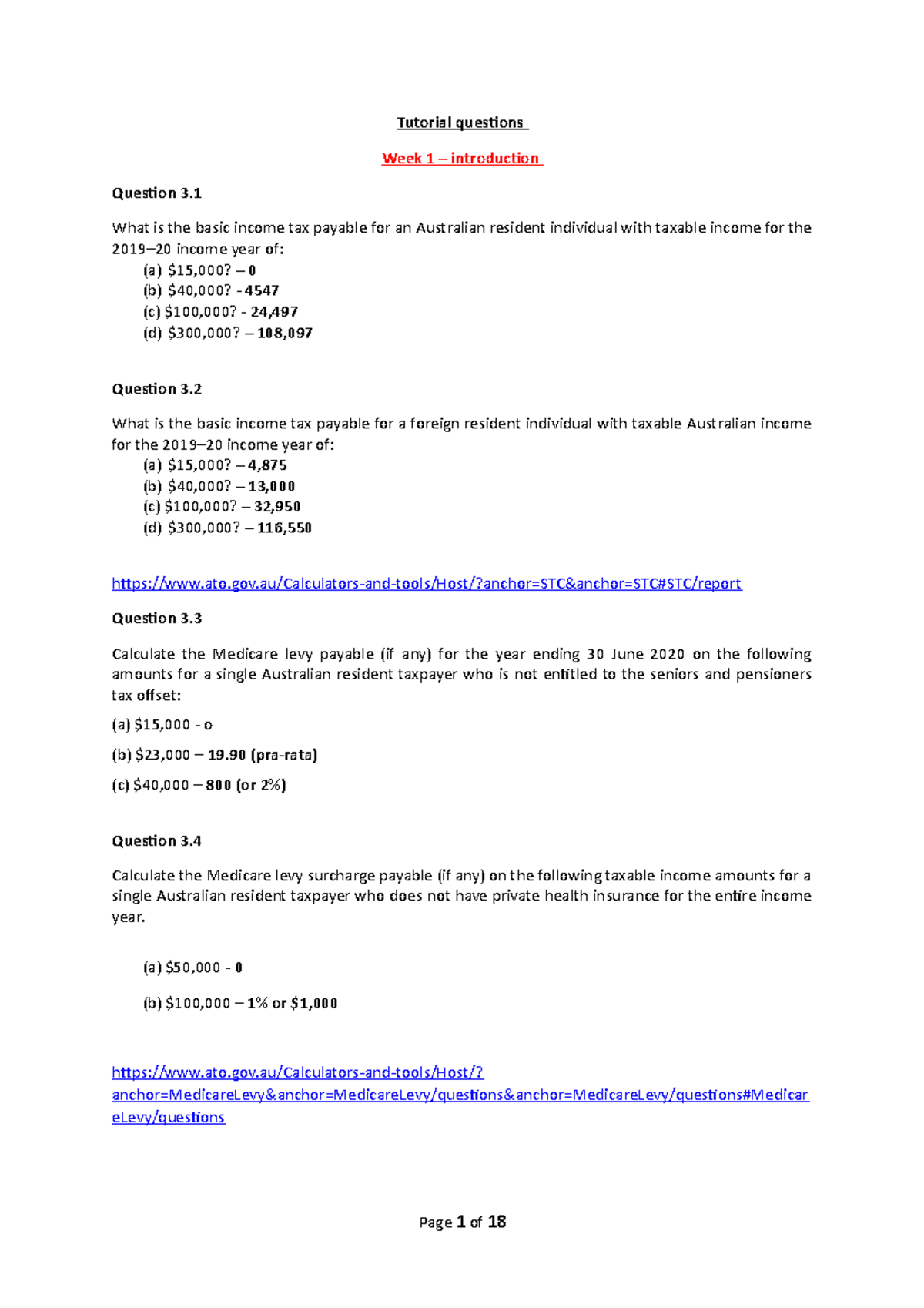 Tutorial Questions with Answers for Taxation Course (ACC101) - Studocu
