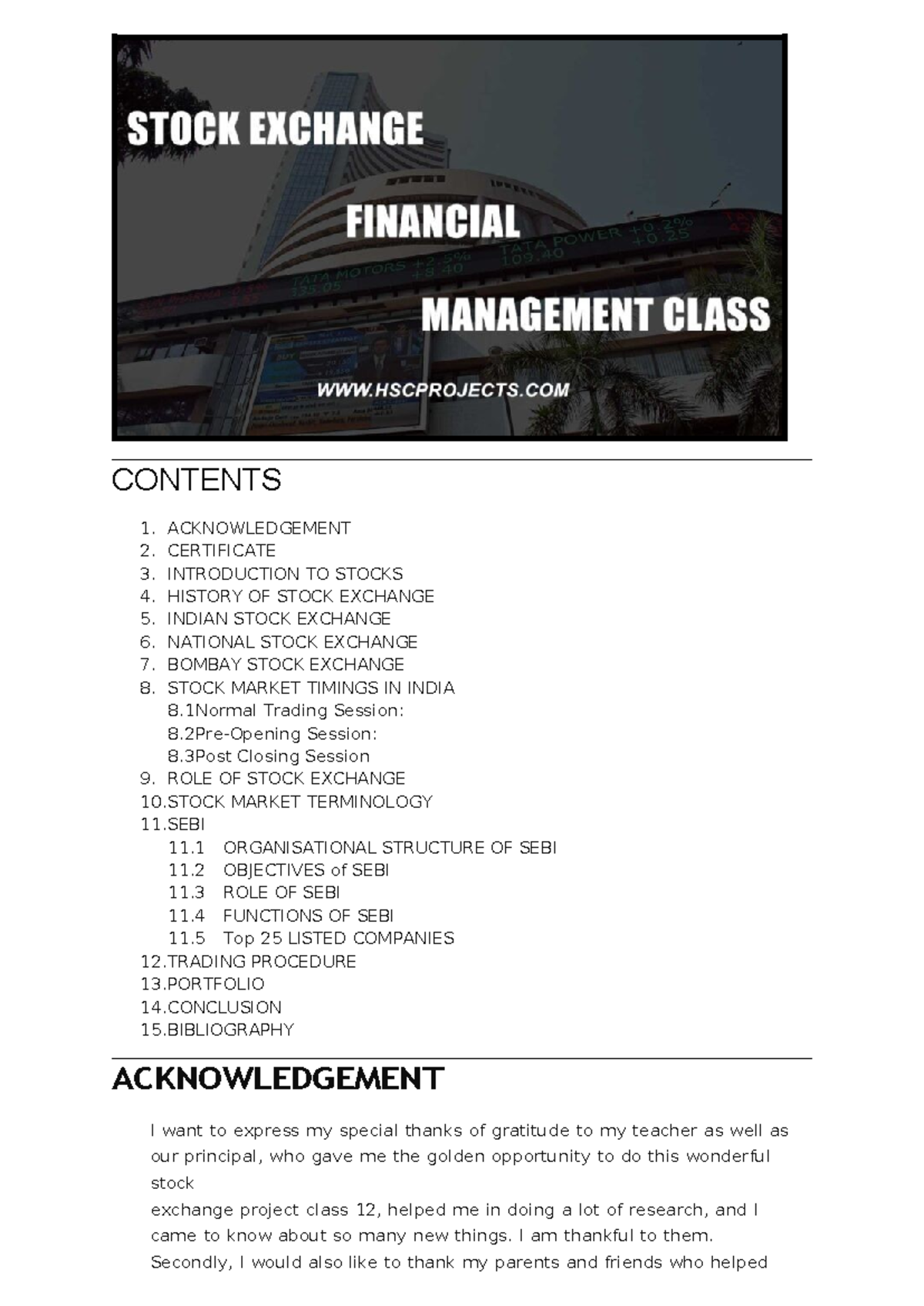Class 12 Stock Exchange Project: Overview, History, and SEBI Role - Studocu