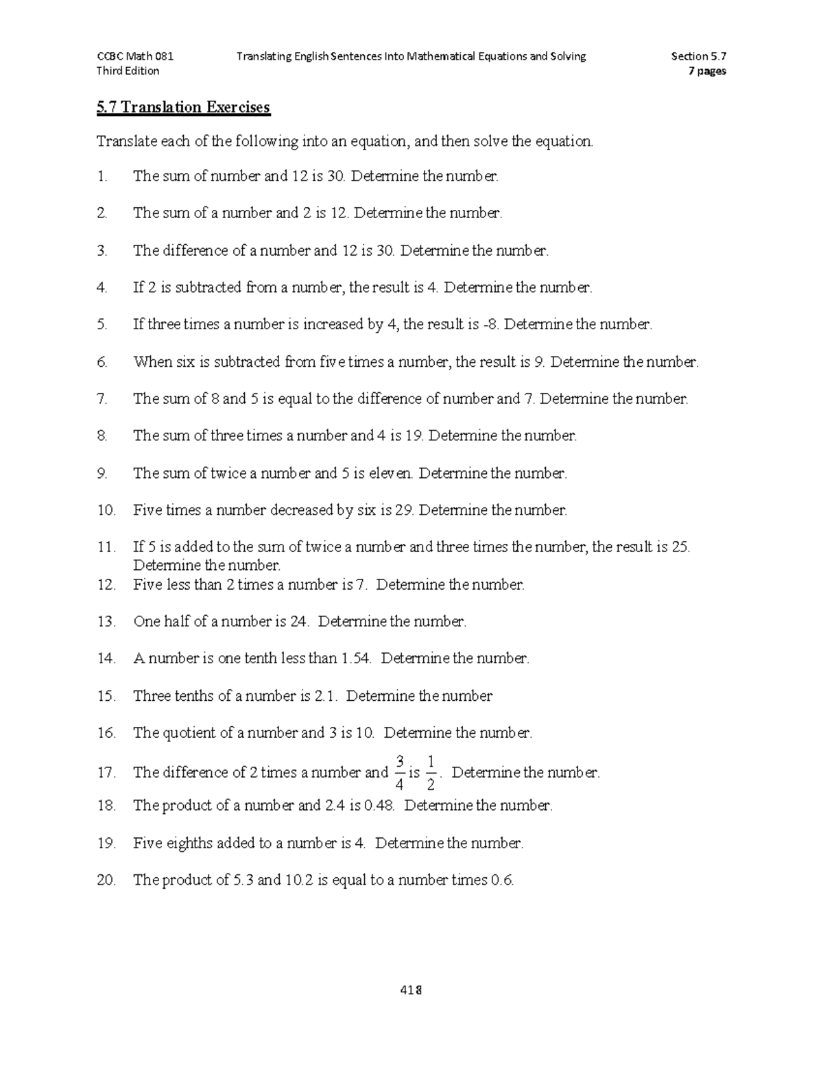 CCBC Math 081: Translating English Sentences to Math Equations ...