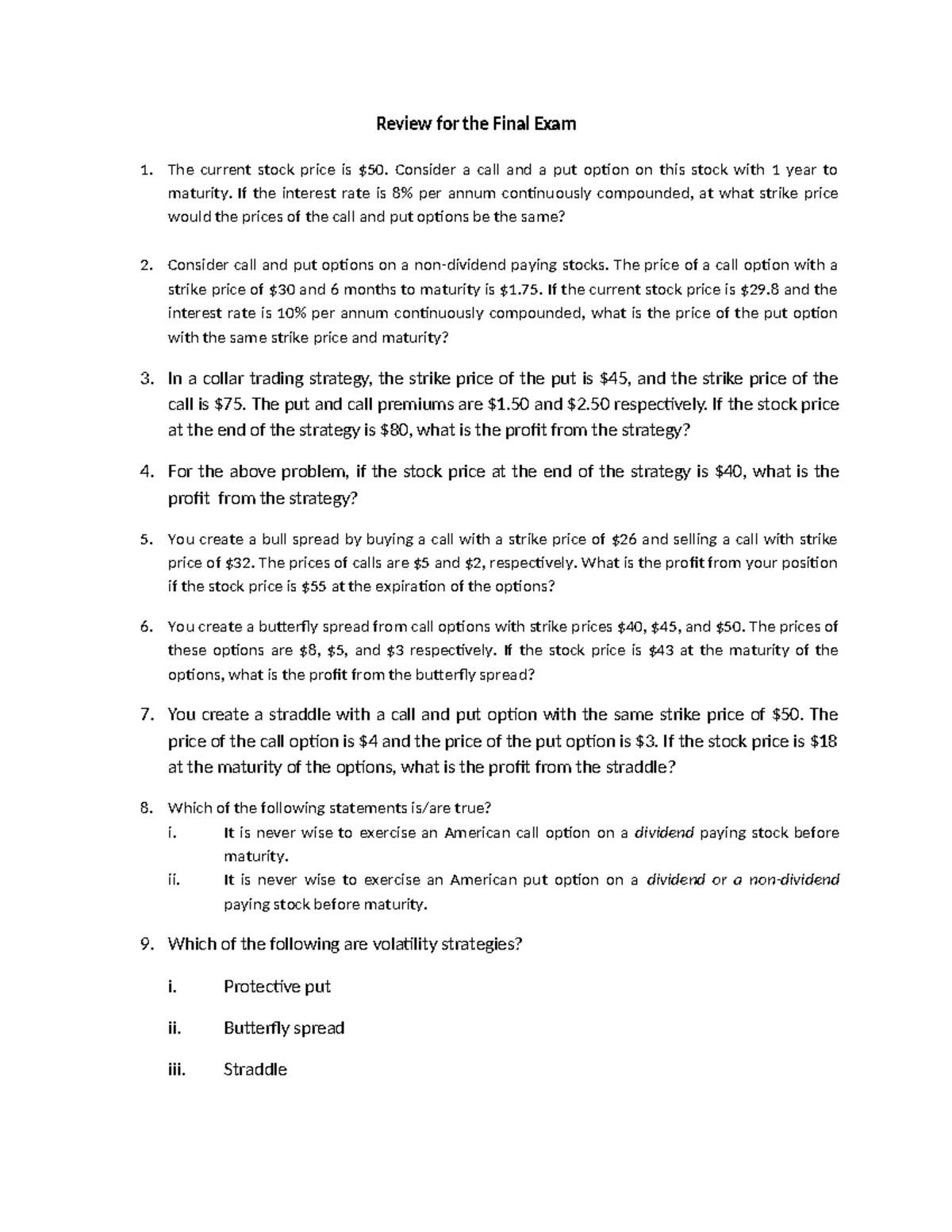 Review for FIN 301 Final Exam: Options and Portfolio Strategies - Studocu