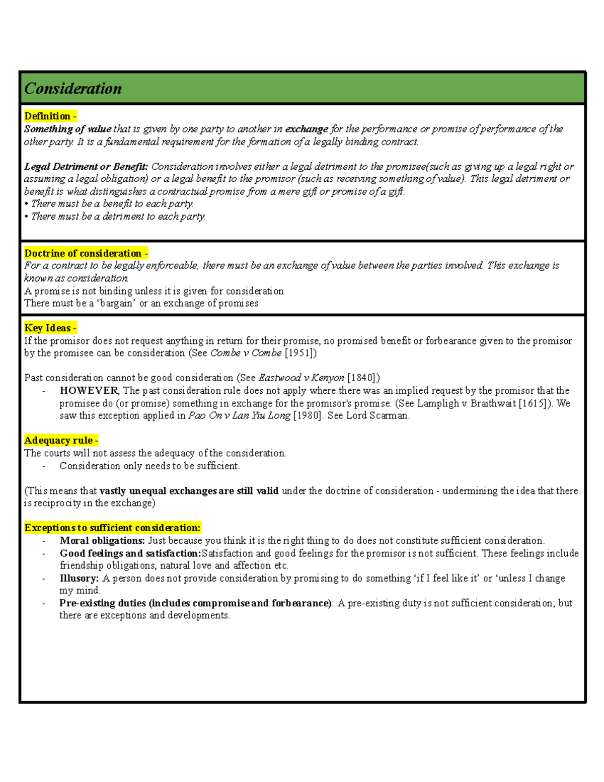 Contract Law - Consideration Cheat Sheet (Test 2) - Studocu