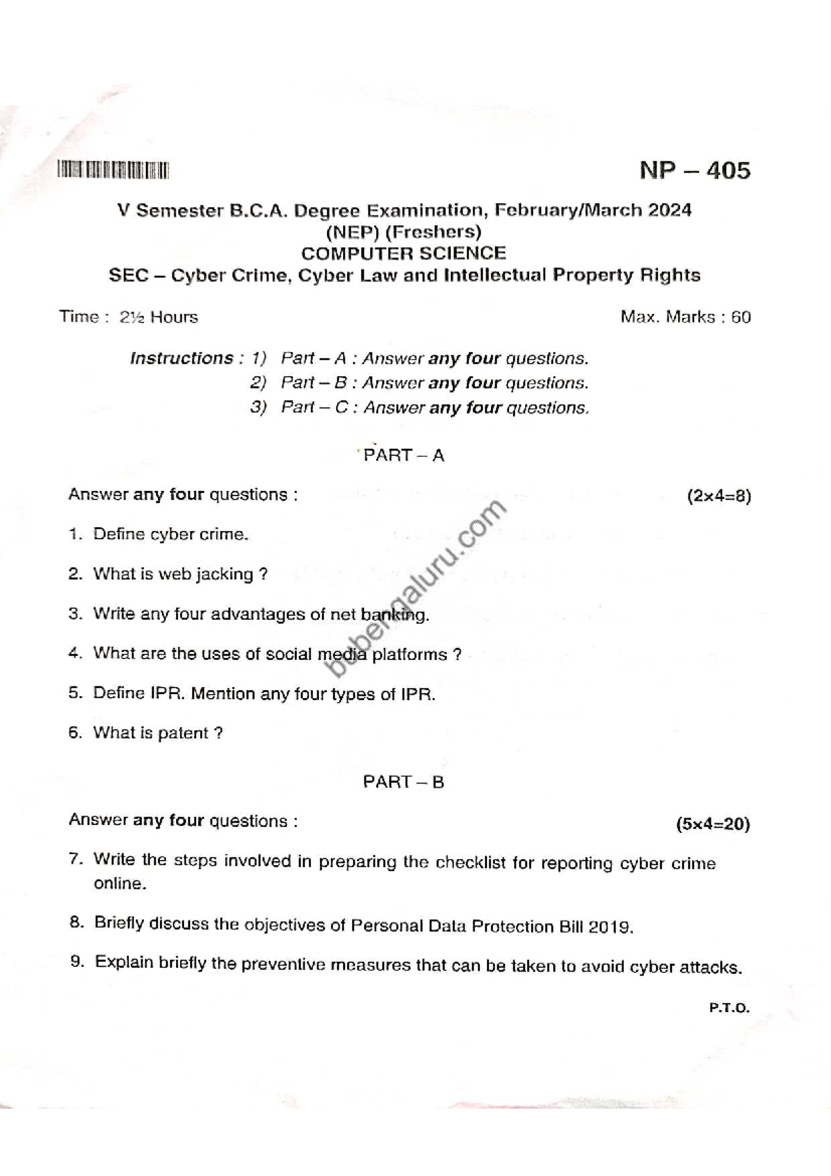 NP 405 V 5th Sem BCA Cyber Crime, Law & IPR Exam Notes 2024 - Studocu