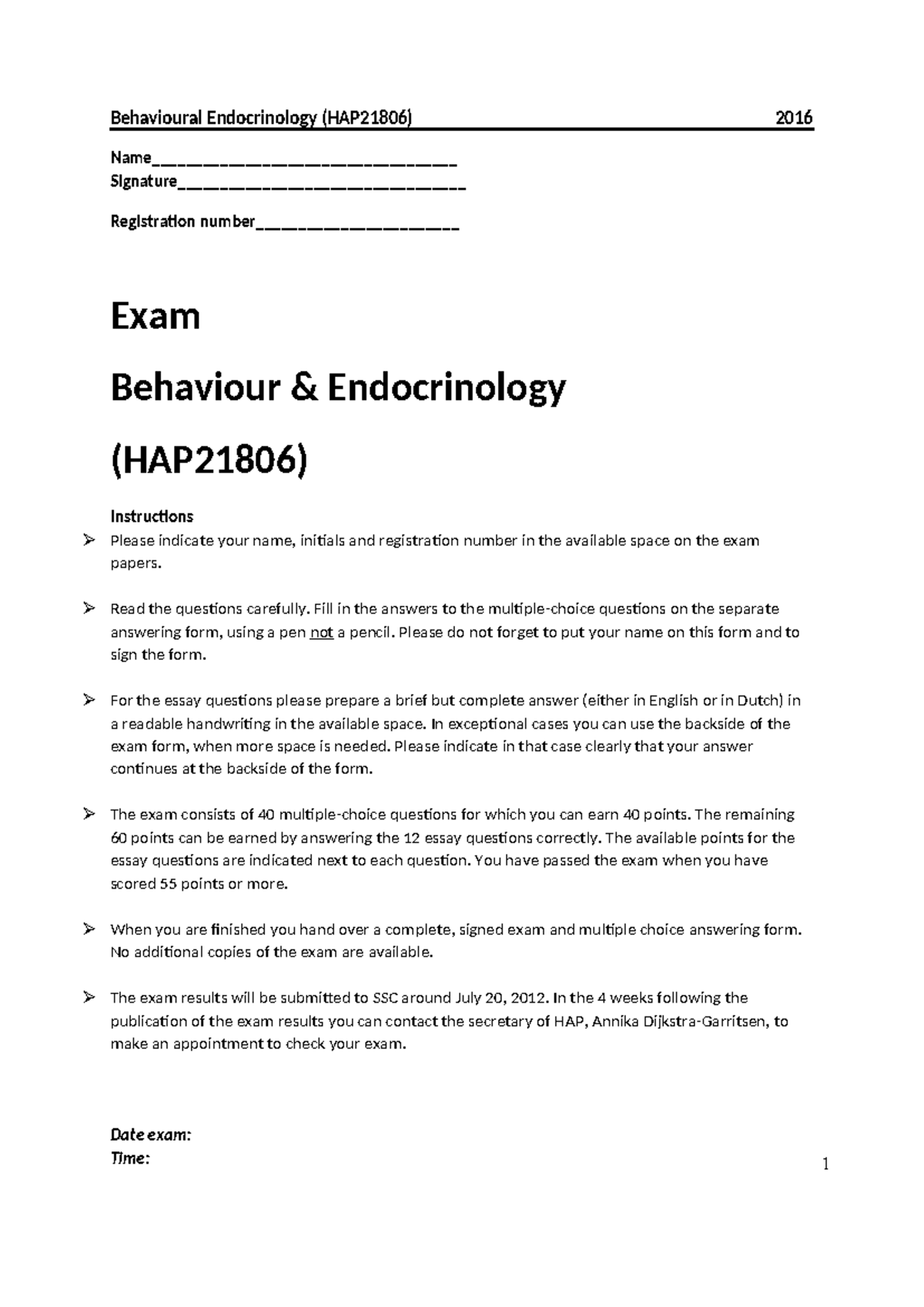 Final Exam HAP-21806 Behavioral Endocrinology 2019 - Studeersnel