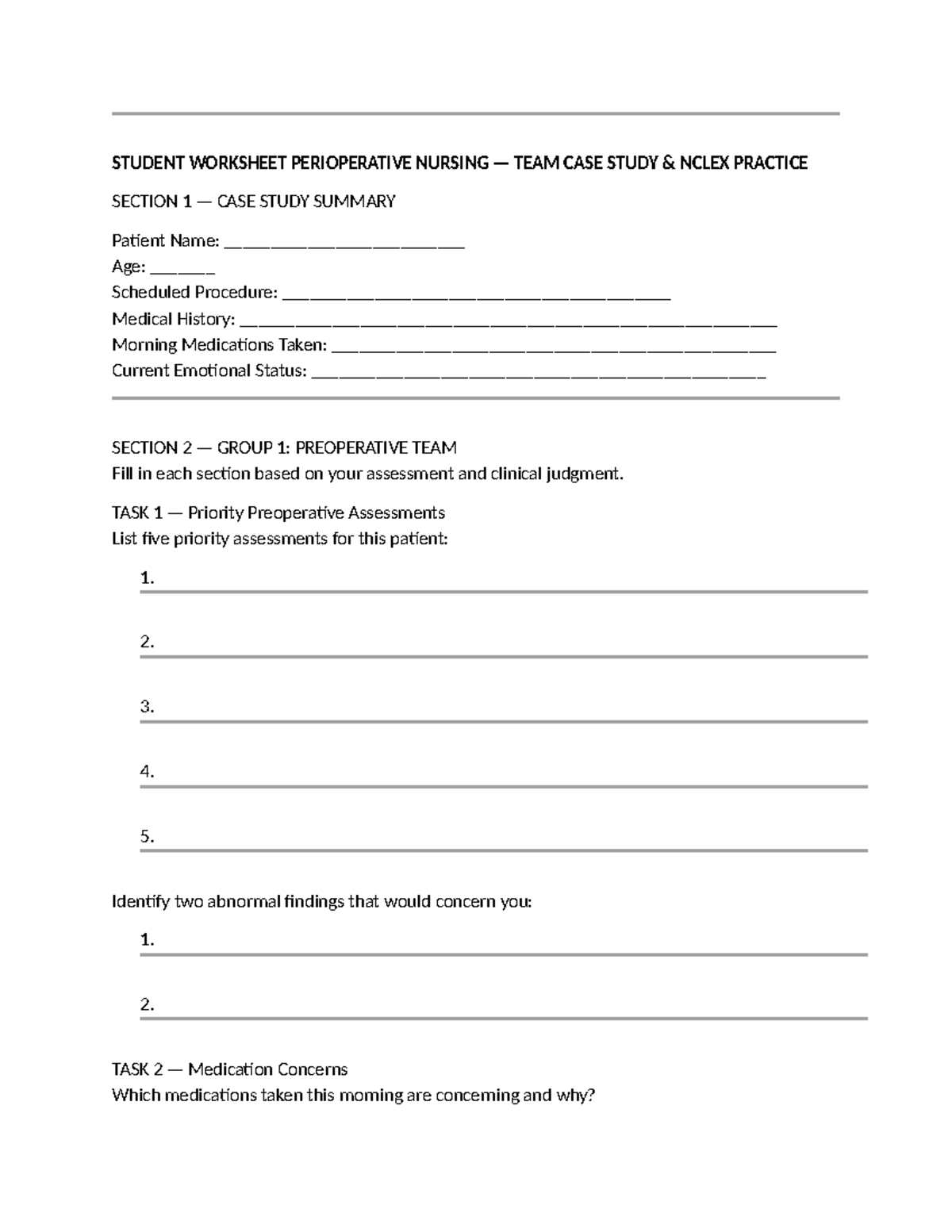 Student Worksheet: Perioperative Nursing Team Case Study & NCLEX ...