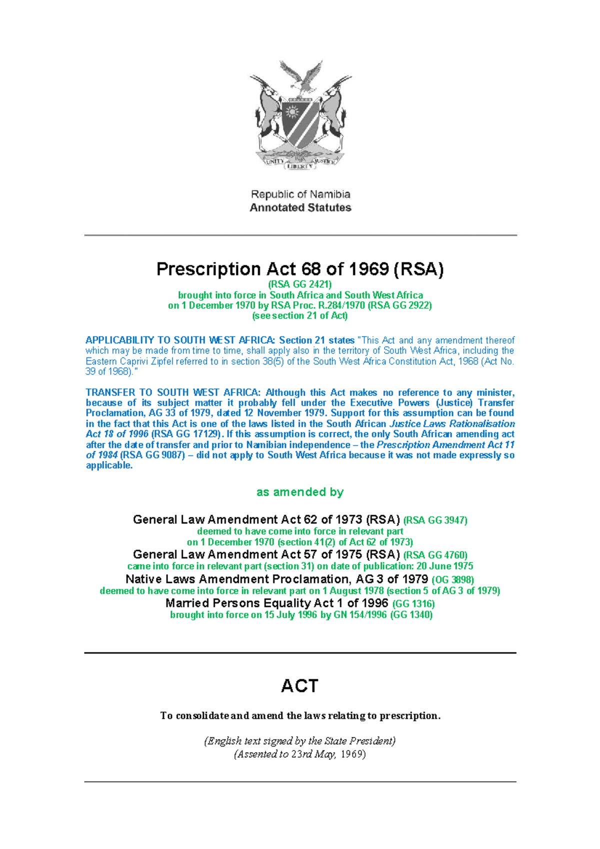 Prescription Act 68 of 1969 (RSA): Overview and Key Provisions - Studocu