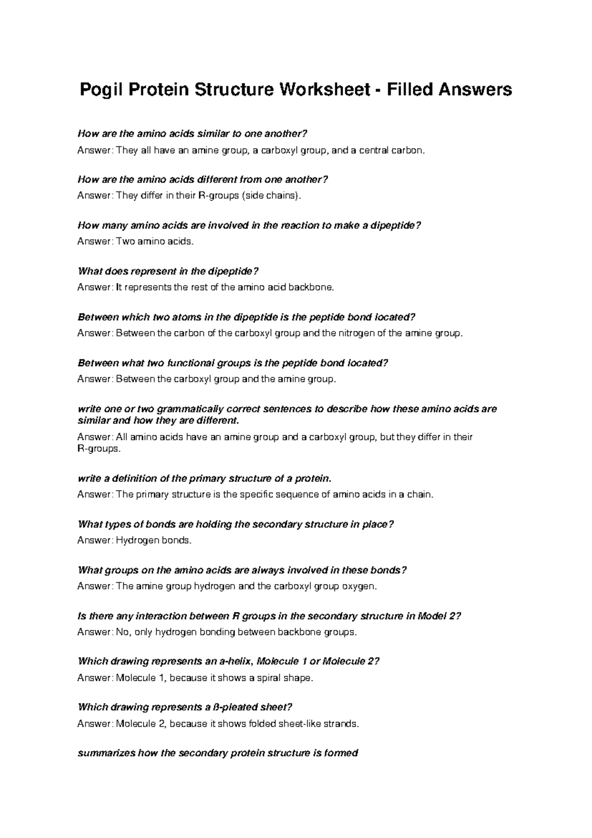 Pogil Protein Structure Worksheet Filled Answers - Studocu