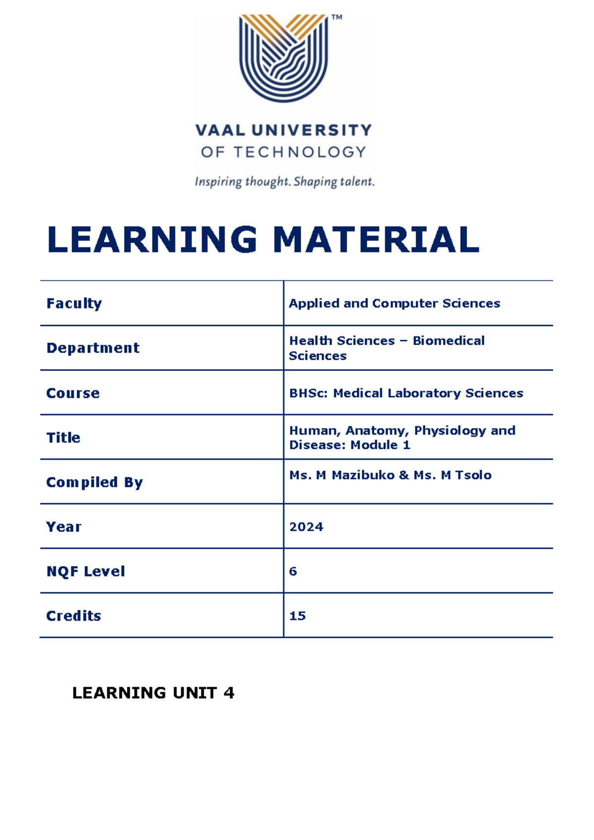 BHSc Anatomy & Physiology Learning Material: Unit 4 (2024) - Studocu