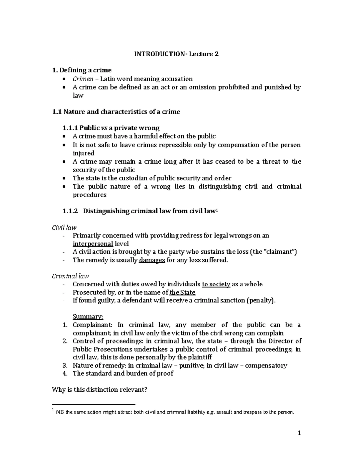 Criminal Law 1 Notes 2021 UON SUMMARIES - INTRODUCTION- Lecture 2 1 ...