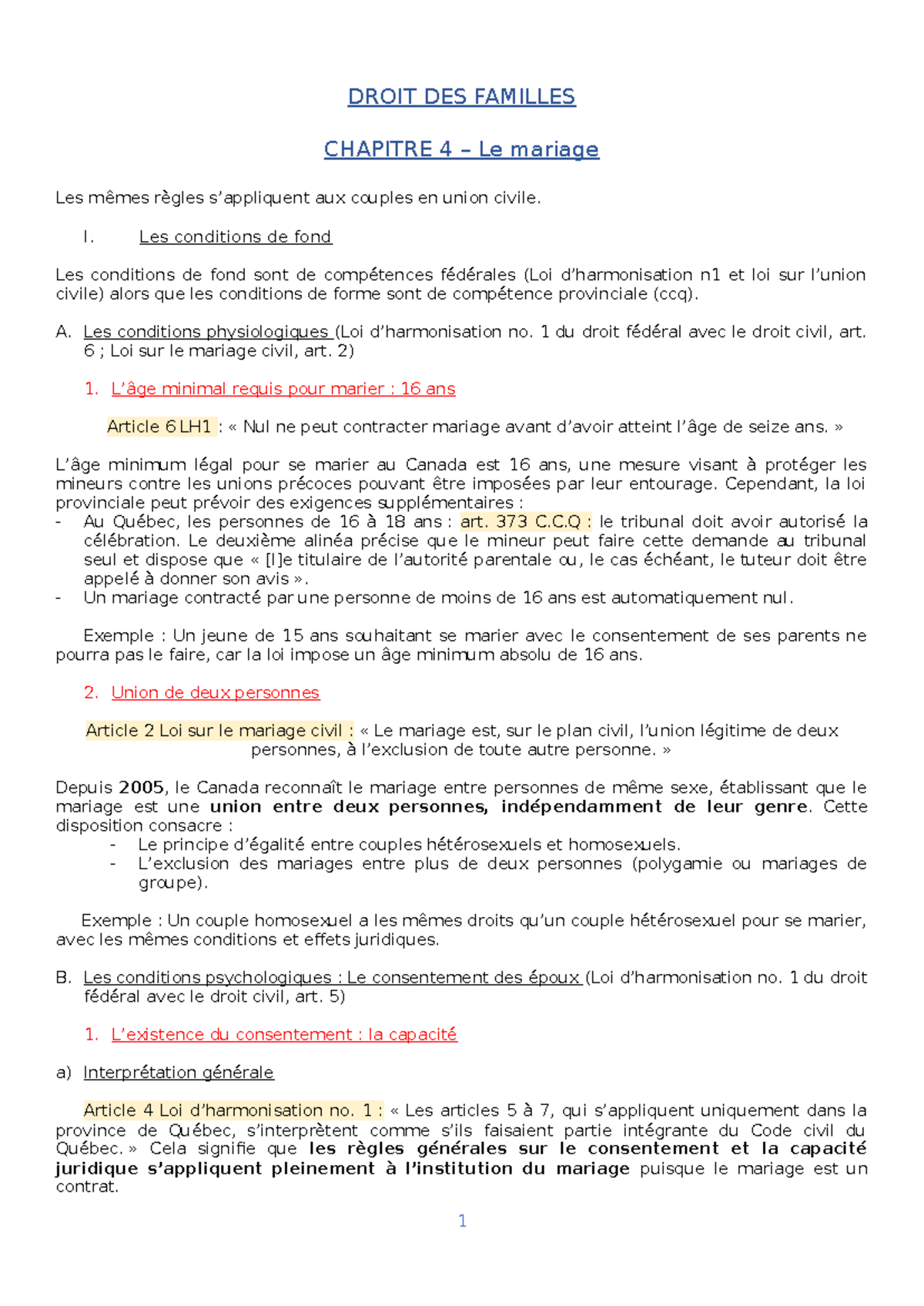 DROIT DES FAMILLES CHAPITRE 4 : Le Mariage et ses Conditions Légales ...