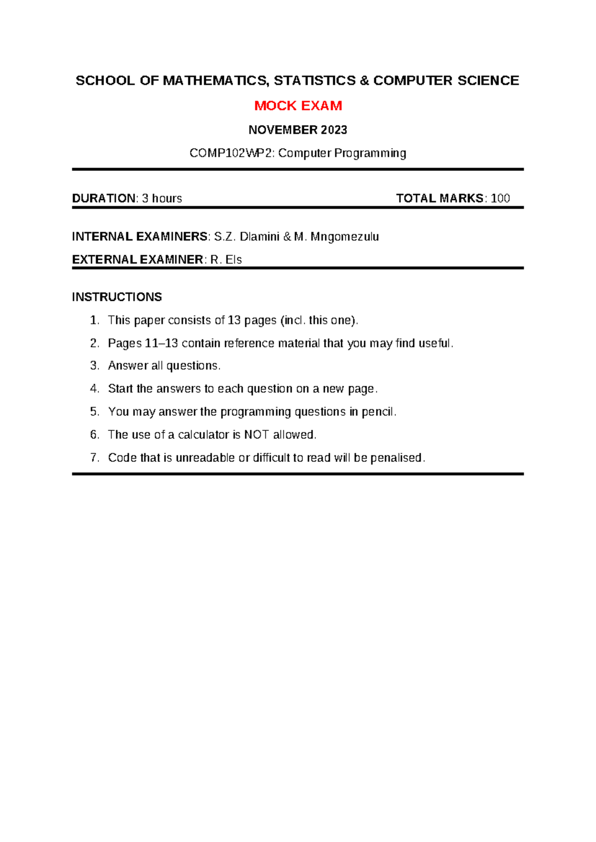 Mock Exam 2023 - SCHOOL OF MATHEMATICS, STATISTICS & COMPUTER SCIENCE ...