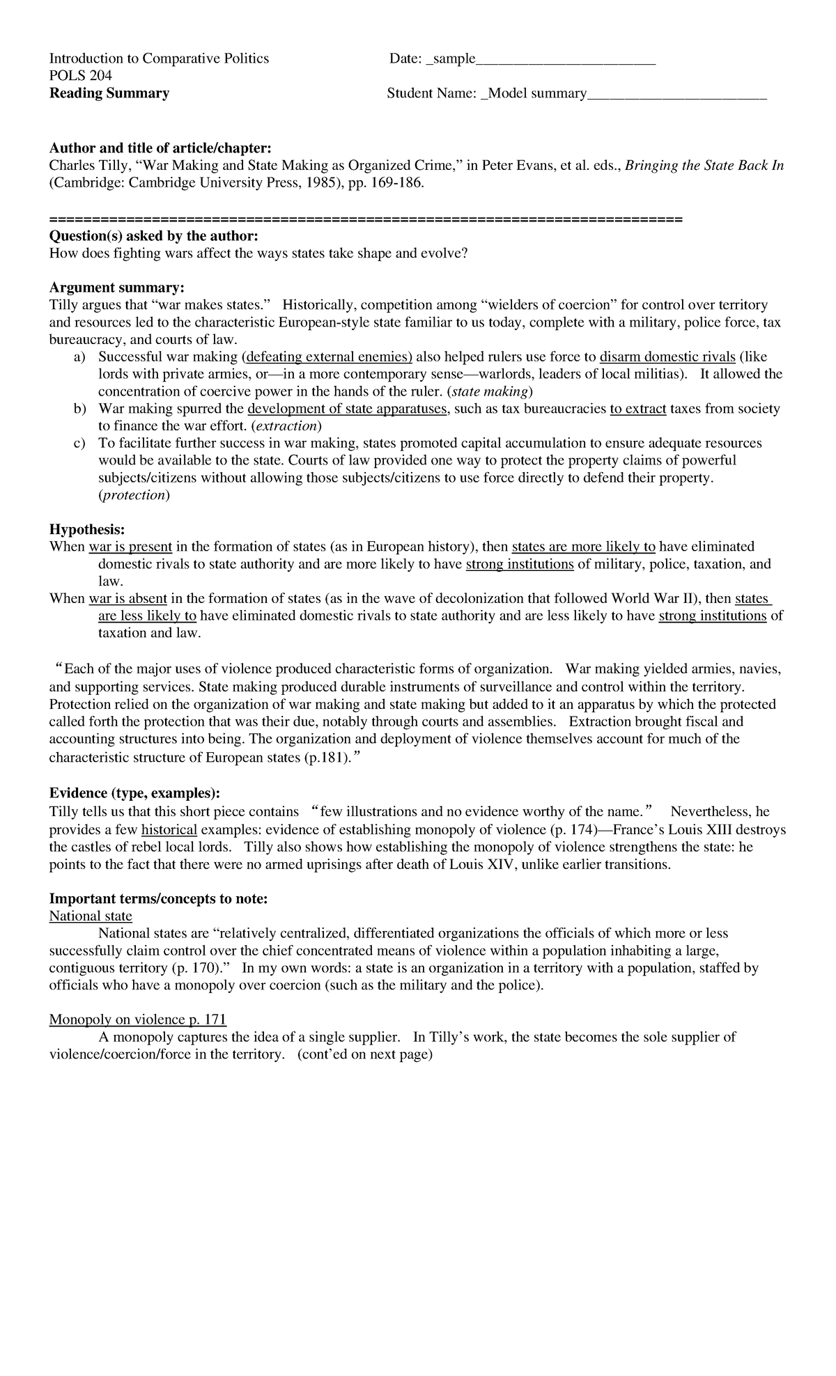 Tilly's Insights on State Formation: A Summary for POLS 204 - Studocu