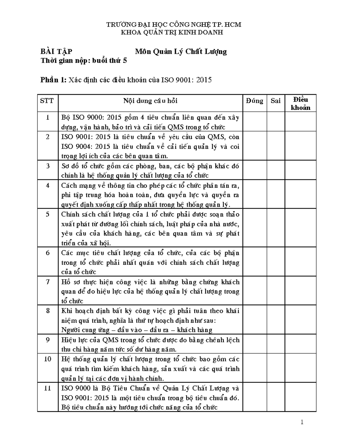 BÀI TẬP ISO 9001:2015 - QUẢN LÝ CHẤT LƯỢNG PHẦN 1 & 2 - Studocu