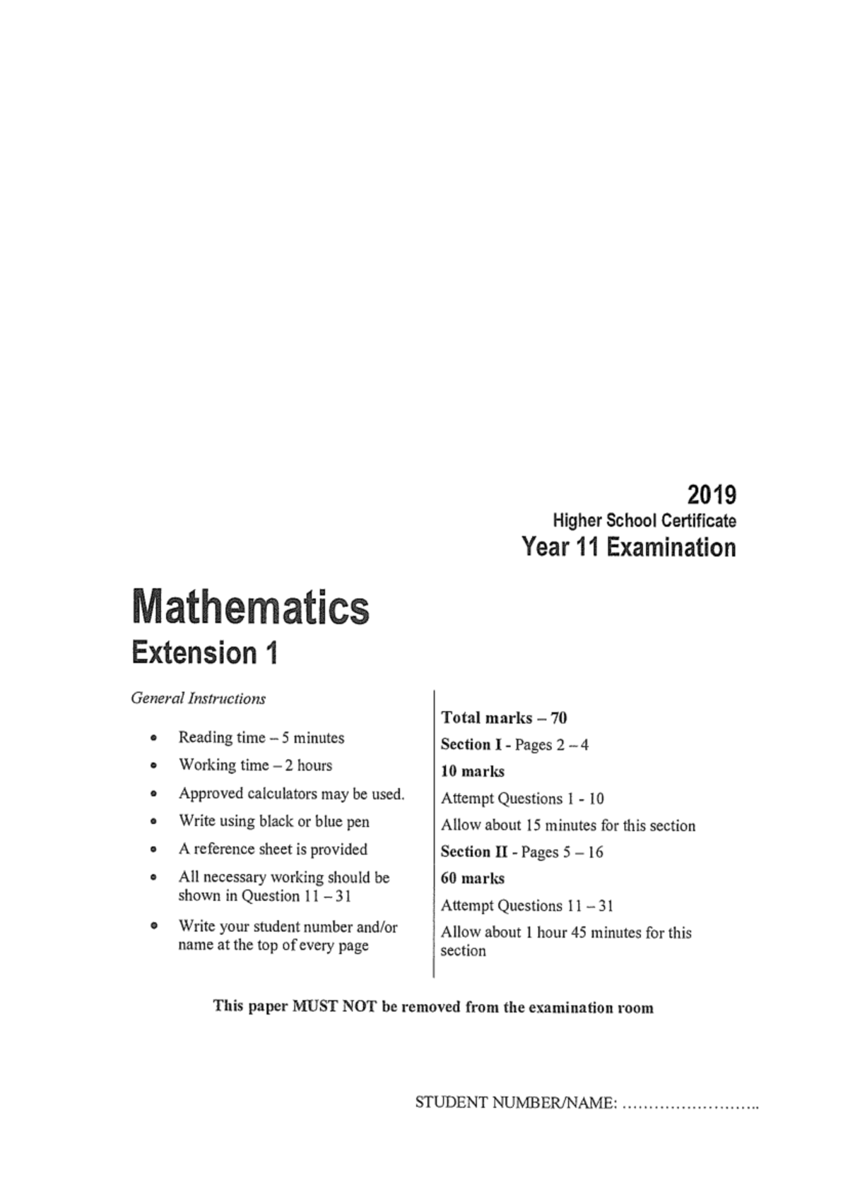 2019 HSC Year 11 Mathematics Ext 1 Exam Instructions & Questions - Studocu