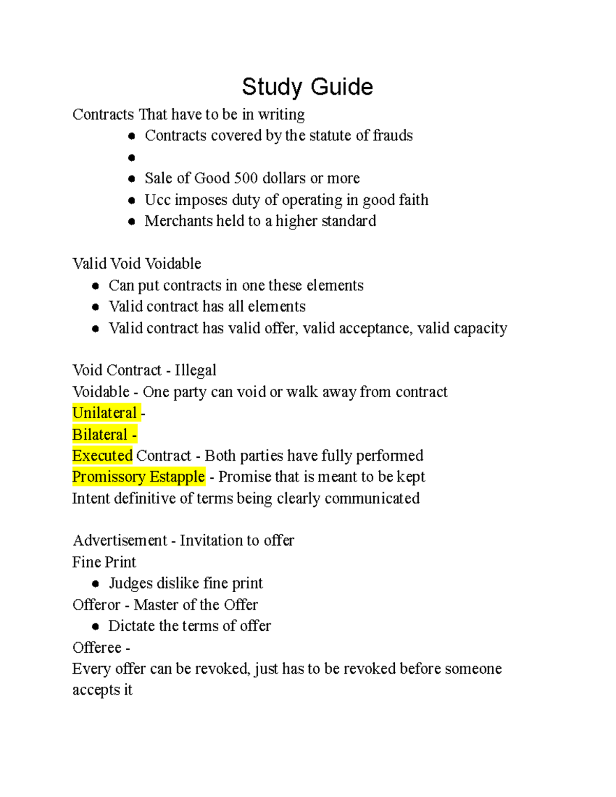 Study Guide: Contracts in Writing and Key Concepts - Studocu