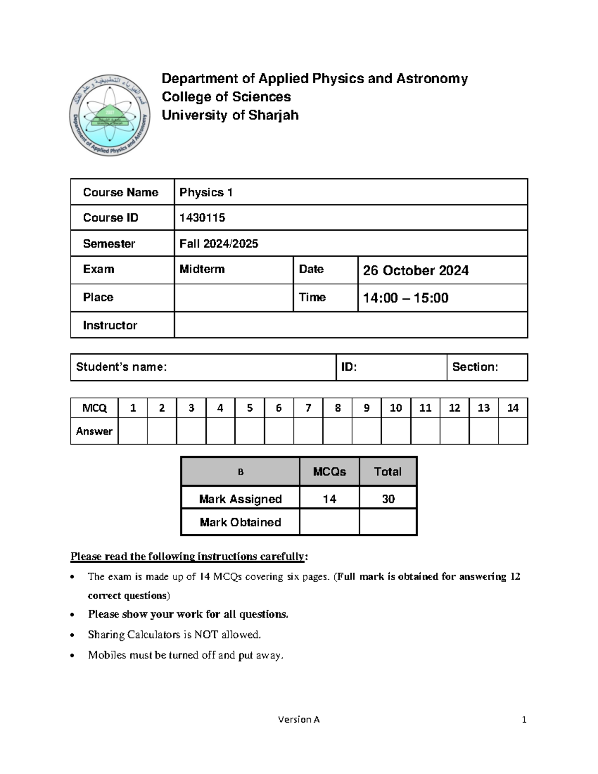 MT Phys. 1 Midterm Exam Fall 2024 - Version A MCQs - Studocu