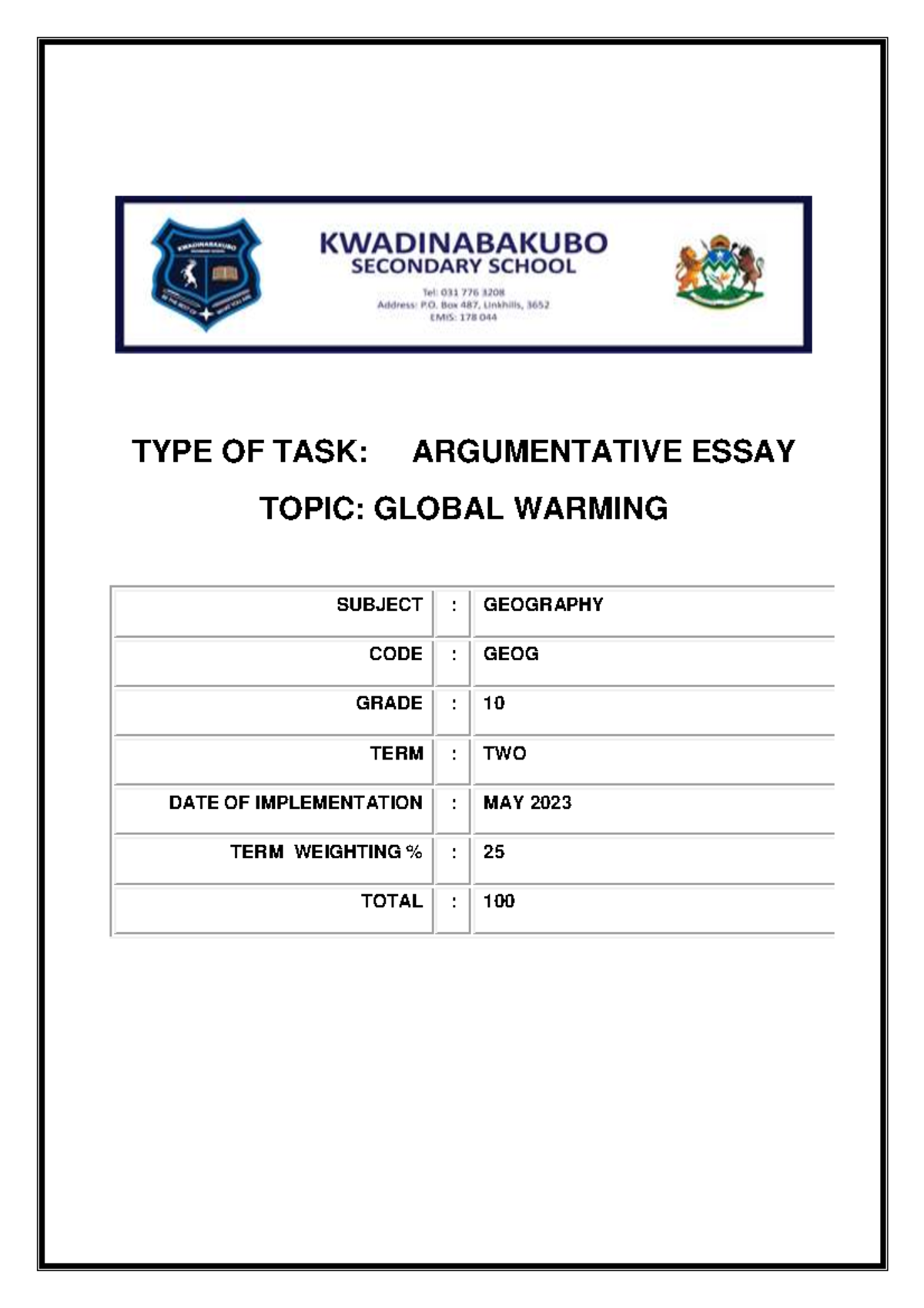 Argumentative Essay on Global Warming - GEOG 10 - 2023 Draft - Studocu