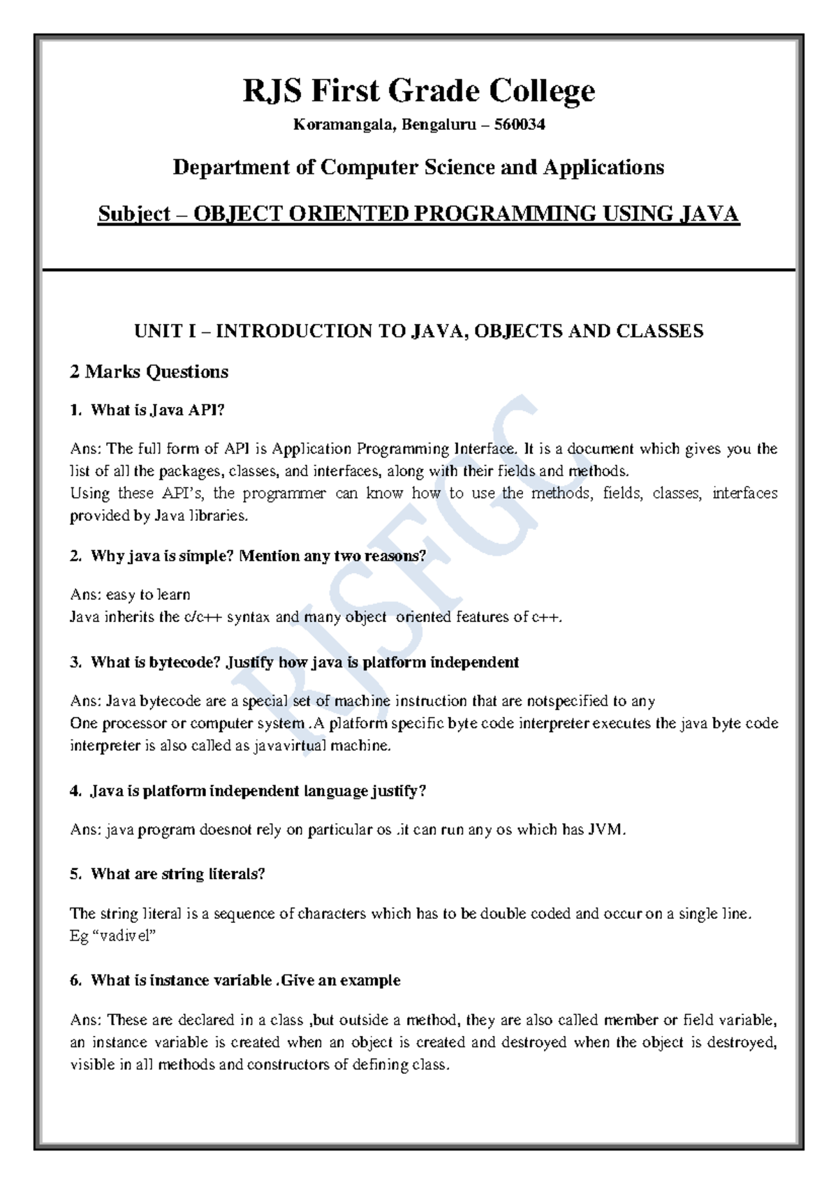 2nd Sem OOPs Using JAVA NEP: Unit I & II Key Concepts and Questions ...