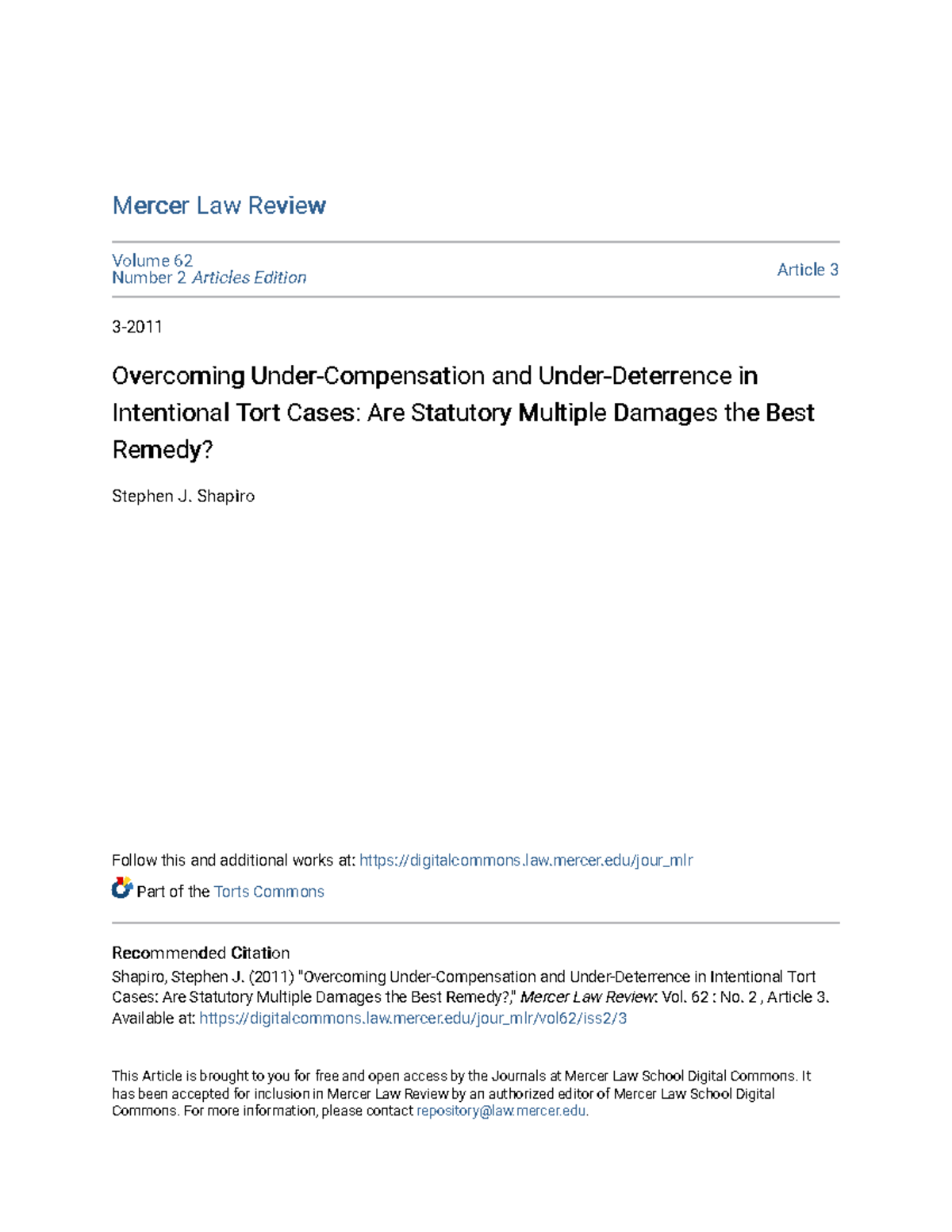 Mercer Law Review: Vol. 62, No. 2 - Overcoming Undercompensation in ...