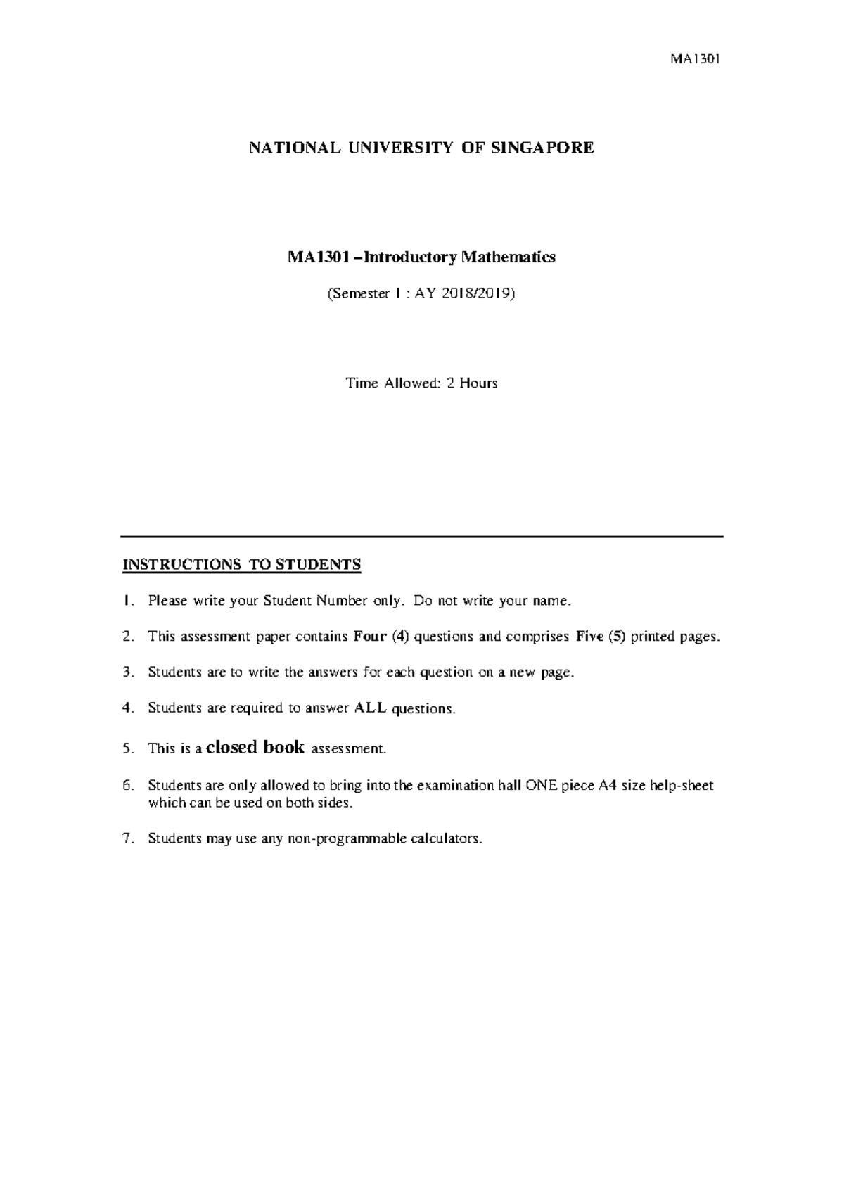 MA1301 Final Exam Paper - Mathematics Semester 1 Notes - Studocu
