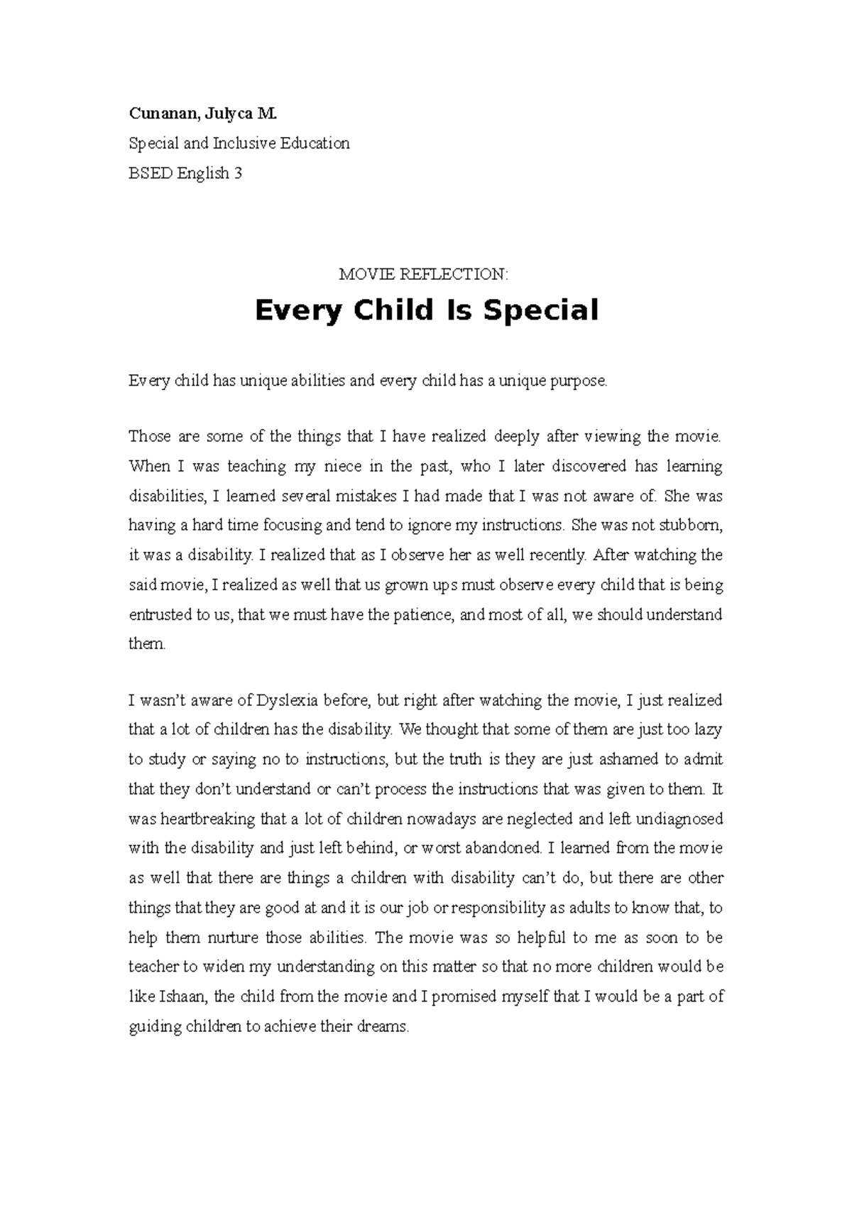 BSED English 3: Reflection on 'Every Child Is Special' Movie - Studocu