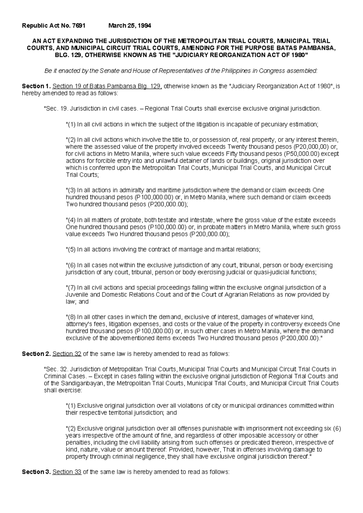 RA 7691 - Expanding Jurisdiction of RTC, MTC, MCTC, and MTCC - Studocu