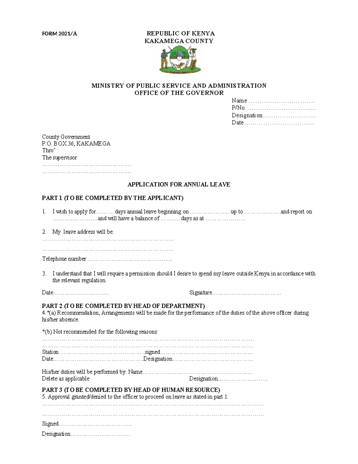 Leave Application Form 2021 - Kakamega County - Studocu