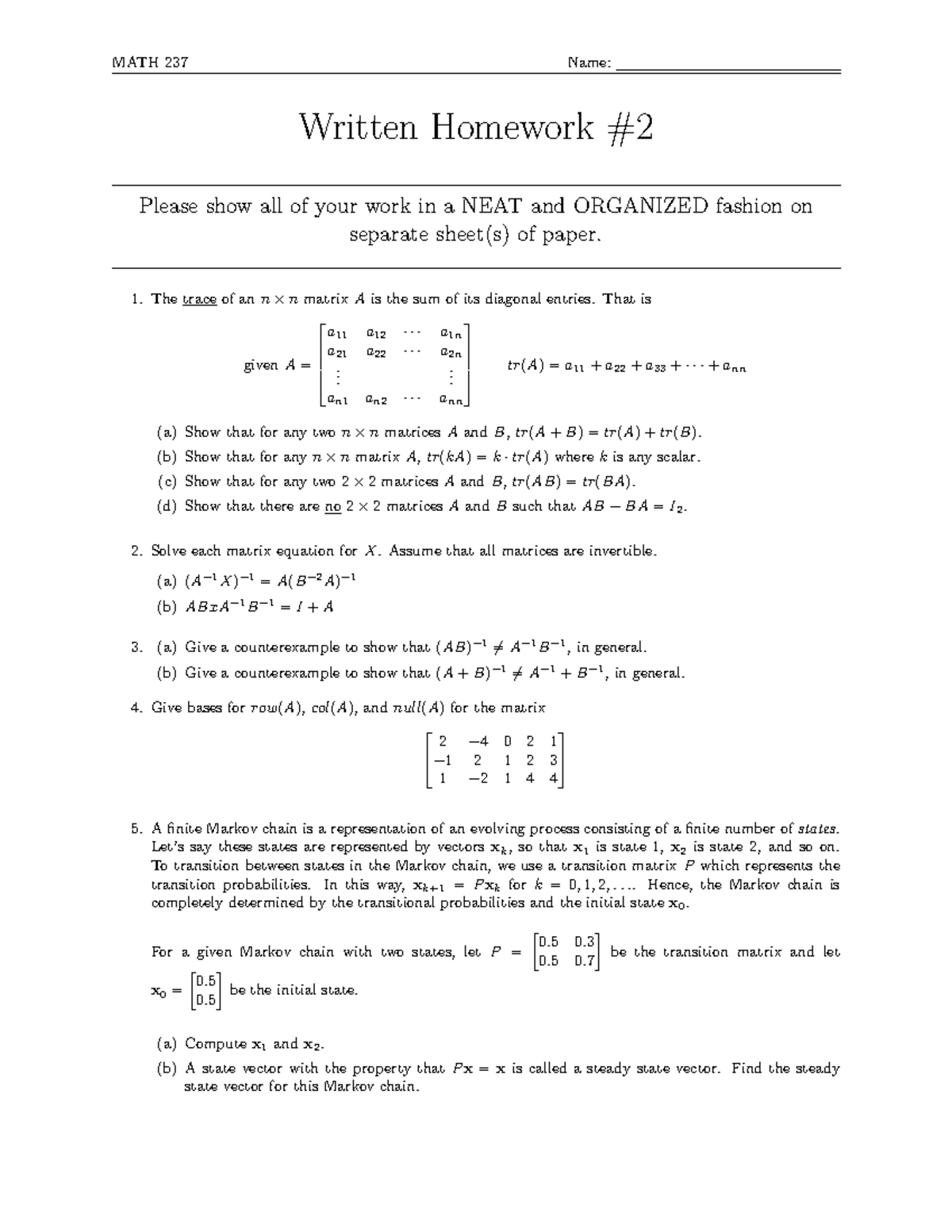 MATH 237 Written Homework 2: Practice Questions for Linear Algebra ...