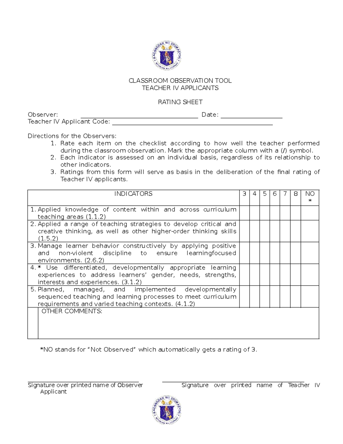 T4-COI-TOOL: Teacher IV Applicants Classroom Observation Rating Sheet ...