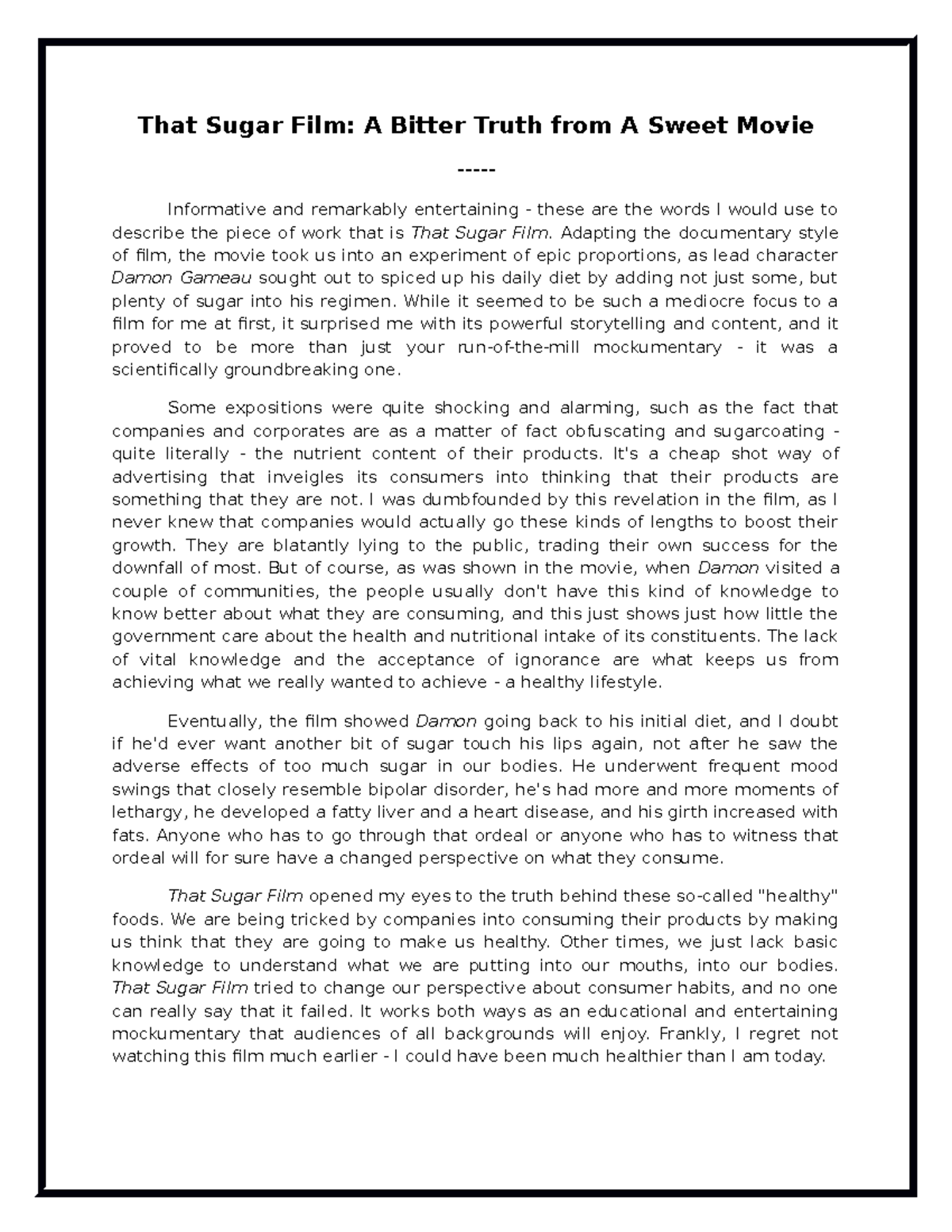 That Sugar Film Reflection - Insights on Nutrition Misconceptions STS ...