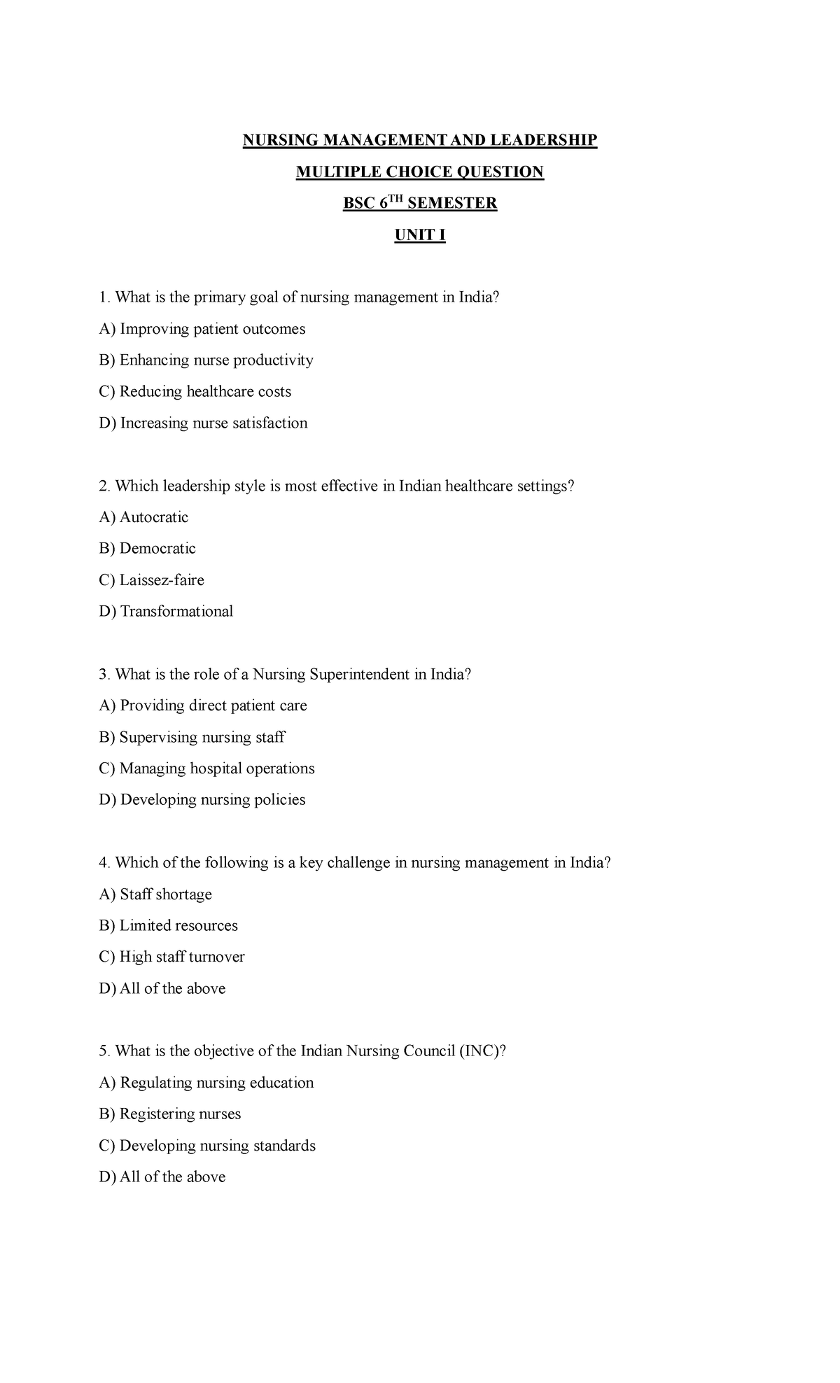BSC 6TH SEMESTER Nursing Management MCQs and Answers - Studocu