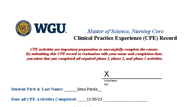 CPE Record for D031: Nursing Core Clinical Practice Experience - Studocu