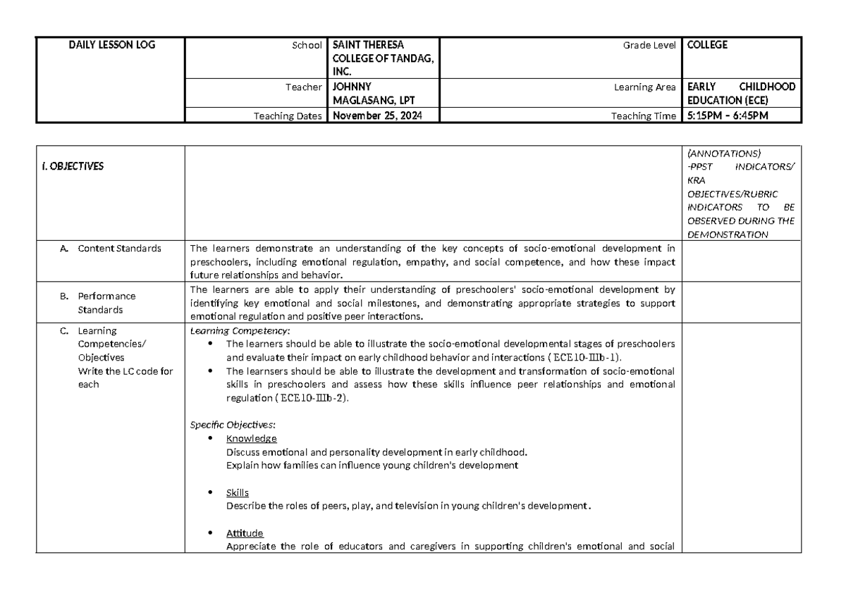 Detailed Lesson Plan on Preschooler Socio-Emotional Development EDUC ...