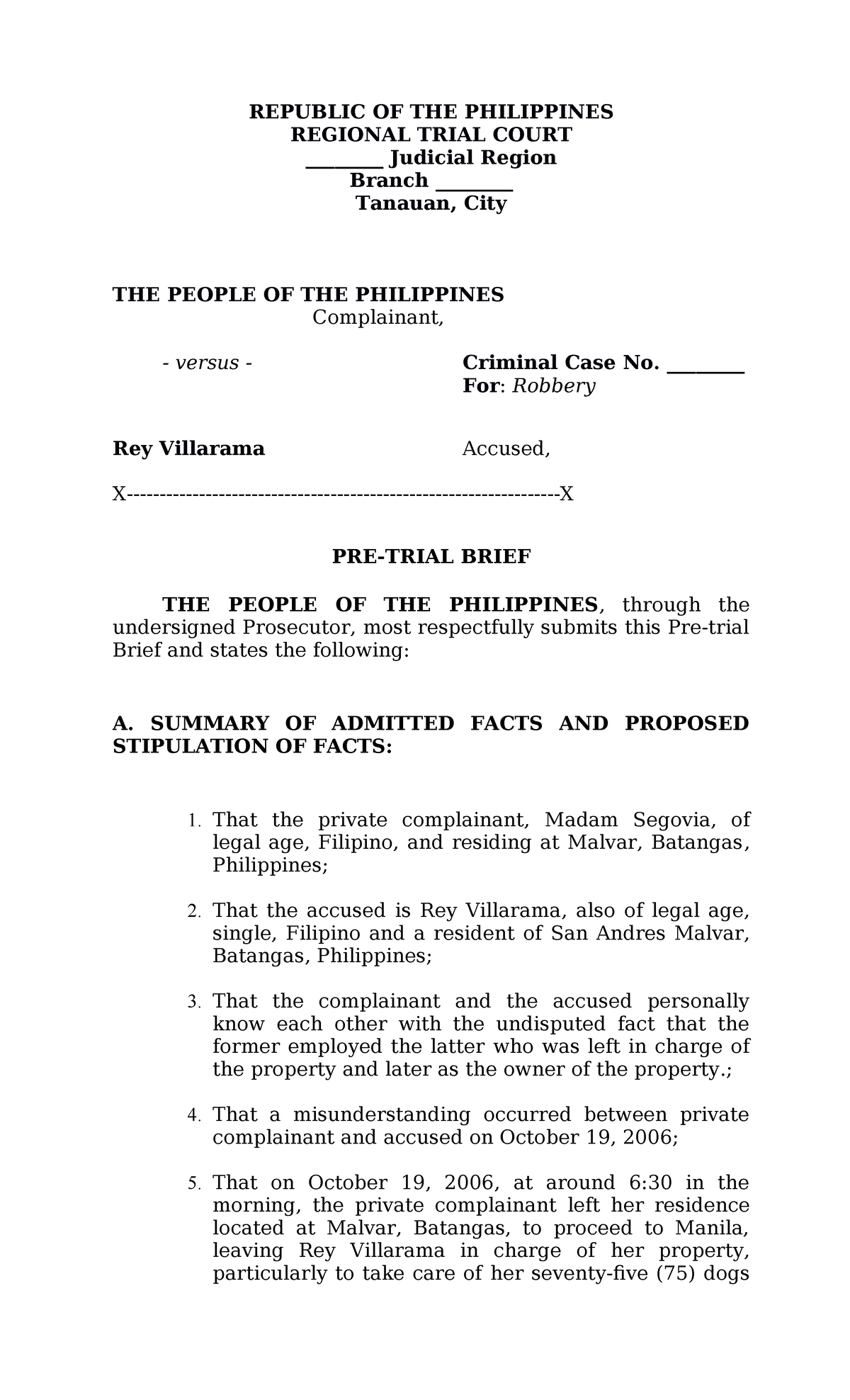 Criminal Law 101: Pre-Trial Brief Template for Robbery Cases - Studocu