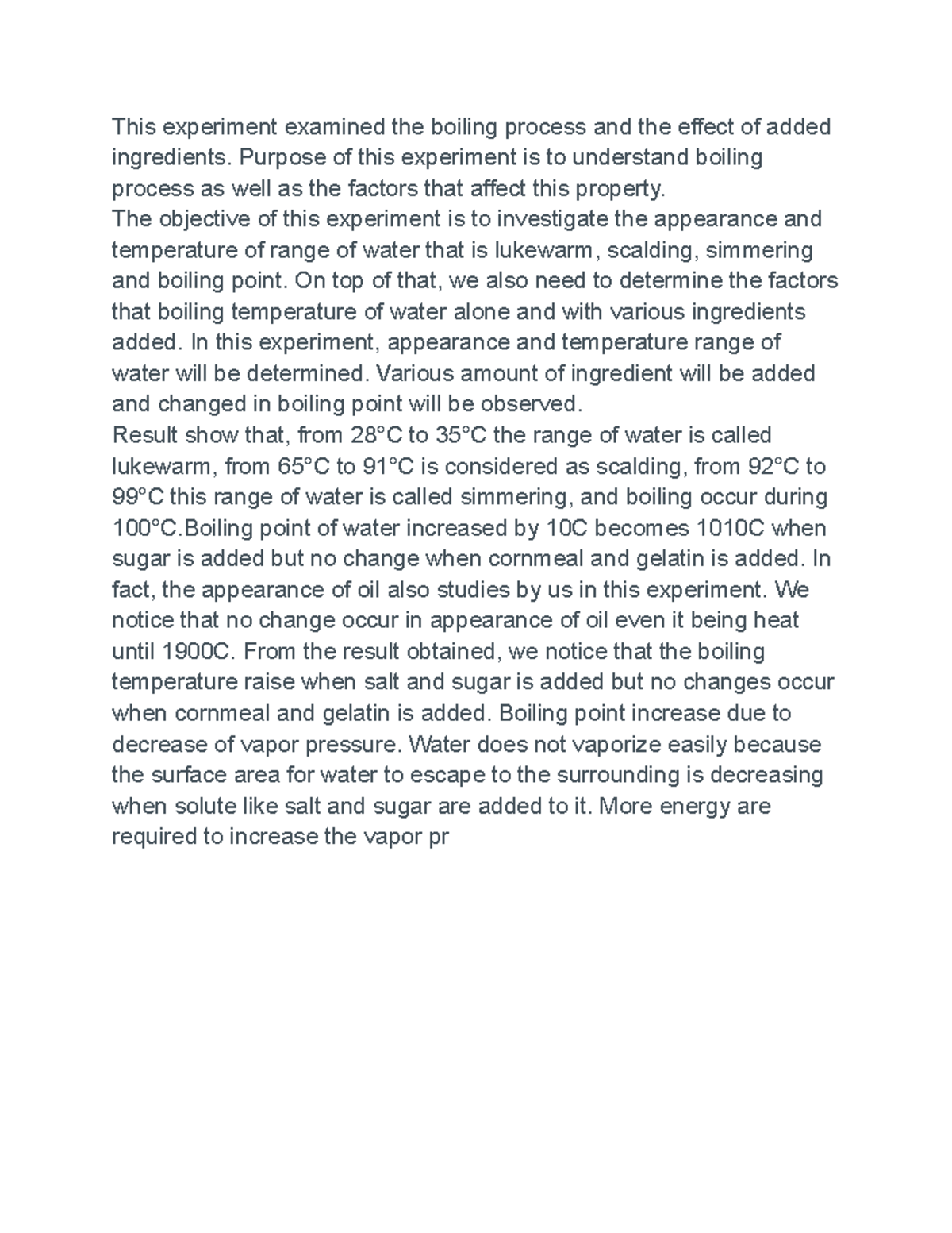Boiling Point Lab Report - This experiment examined the boiling process ...