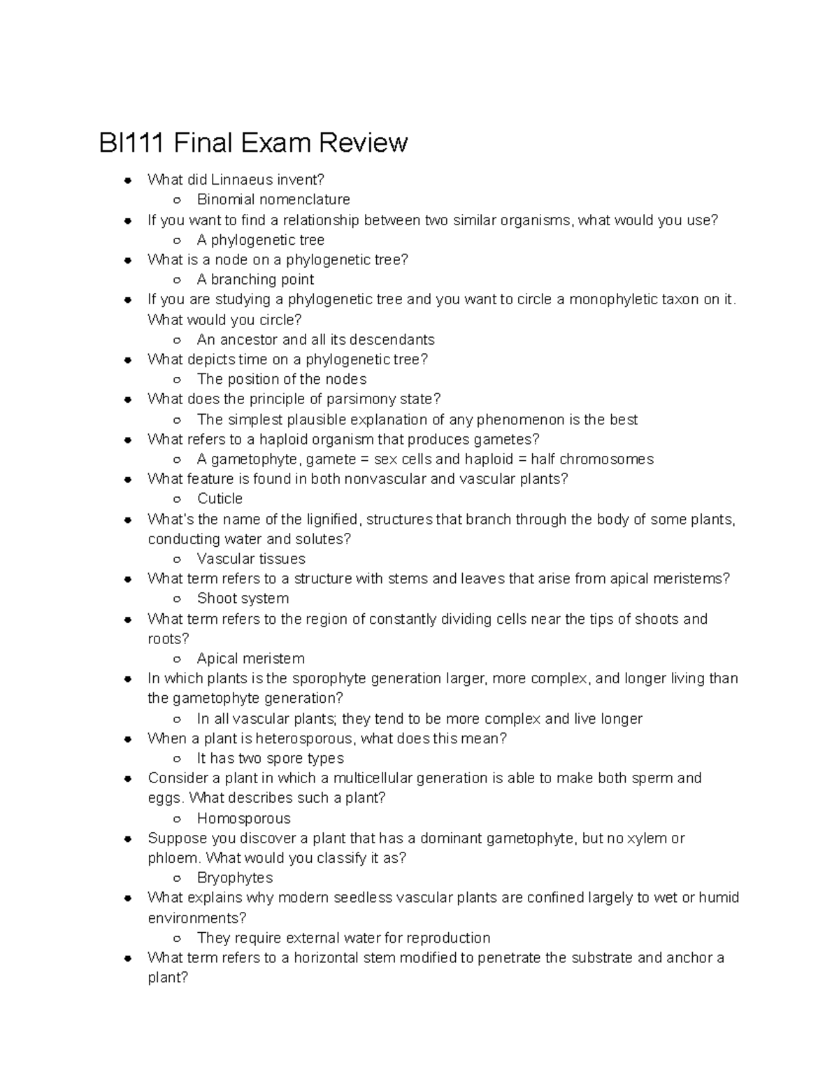 BI111 Final Exam Study Guide: Key Concepts & Terminology - Studocu