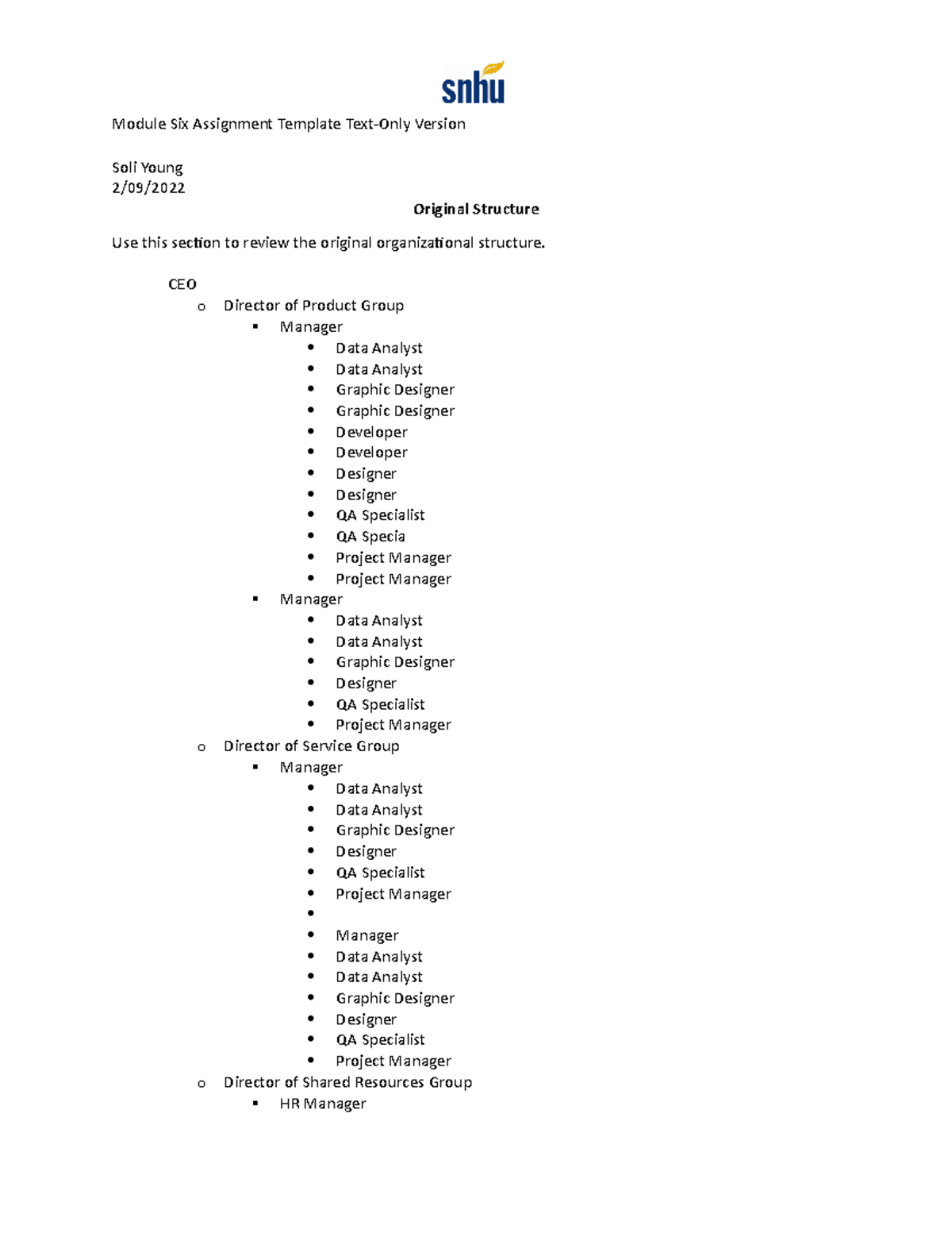 BUS 210 Module Six Assignment: Org Structure Template Text-Only Version ...