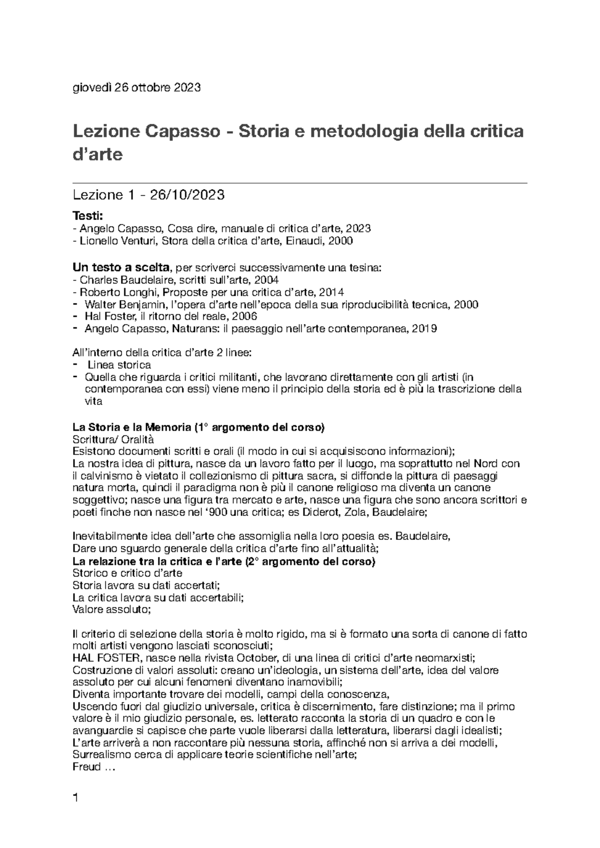 Lezione 1 di Storia e Metodologia della Critica - Capasso (2023) - Studocu