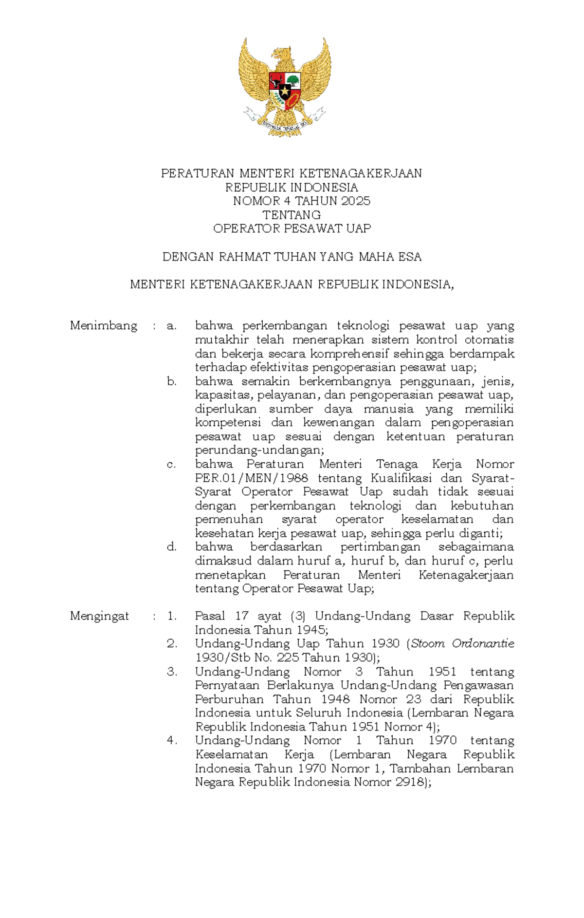 PERATURAN MENTERI KETENAGAKERJAAN NO 4 TAHUN 2025 TENTANG OPERATOR ...