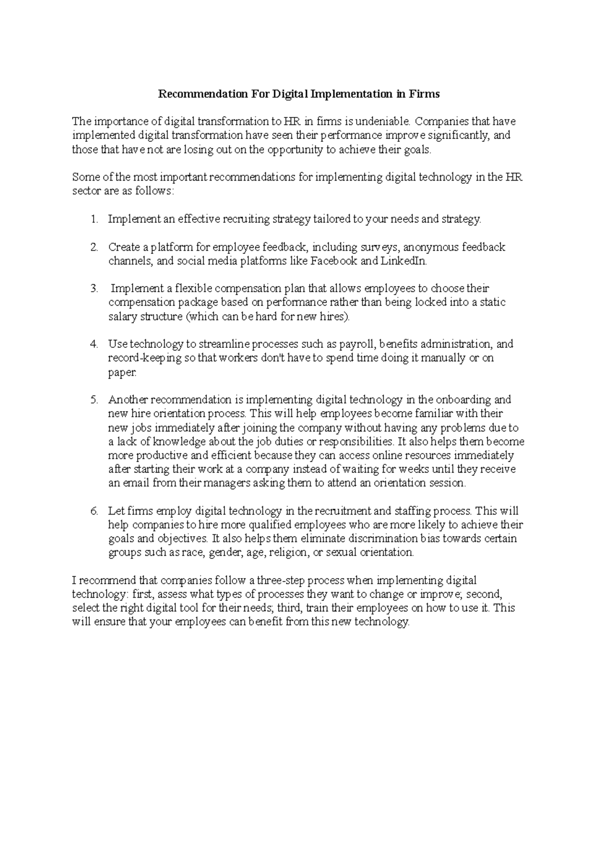 Digital Implementation Recommendations for HR Transformation - Studocu