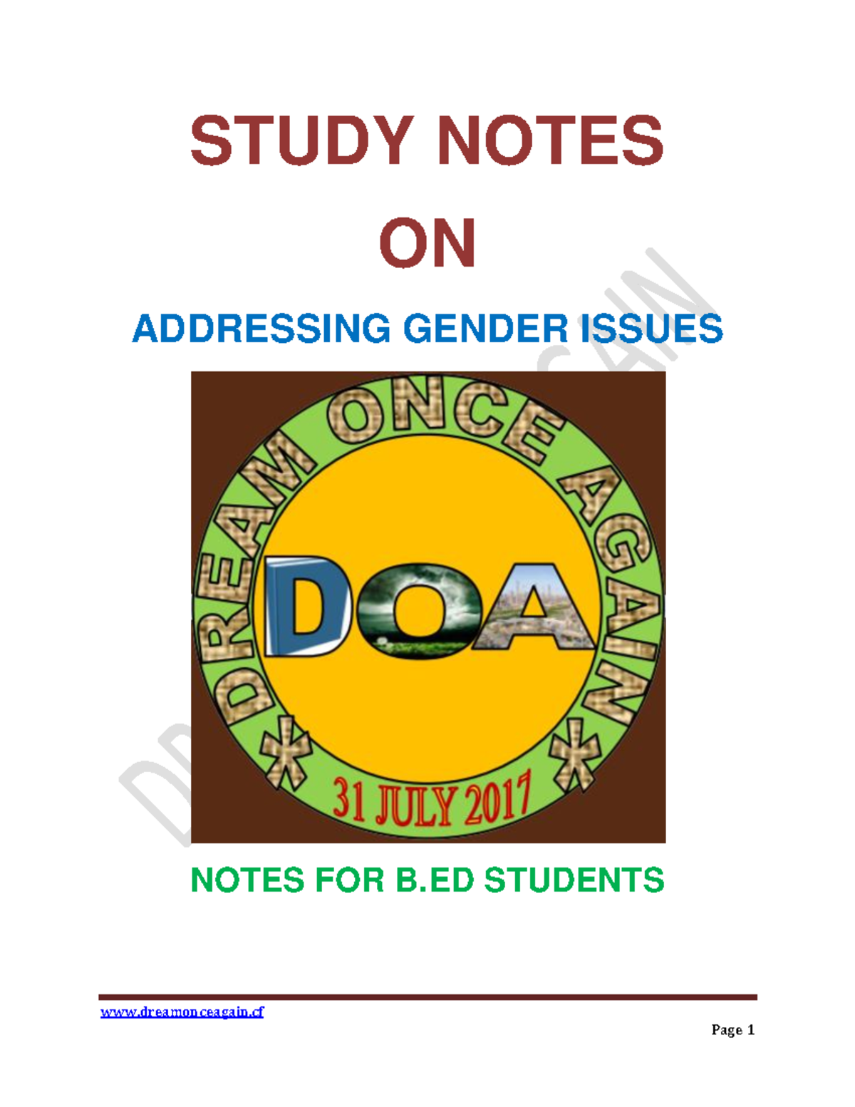 B.ED Study Notes: Addressing Gender Issues in Family & Community - Studocu