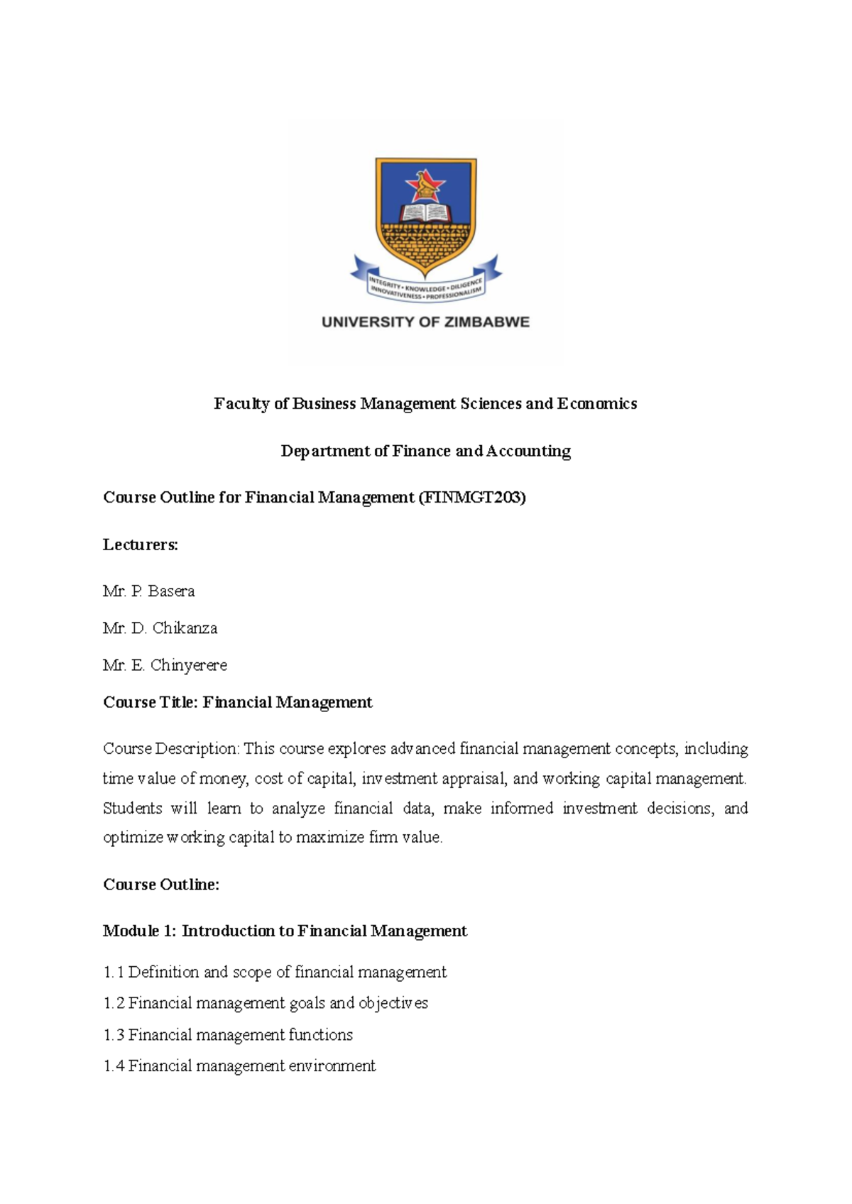 Course Outline for Financial Management (FINMGT203) - Studocu