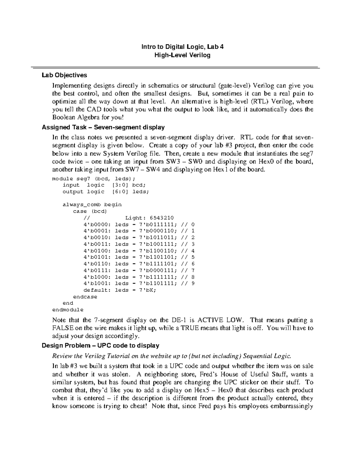 Lab4 - Lab 4 Assignment - Intro to Digital Logic, Lab 4 High-Level Verilog Lab Objectives - Studocu