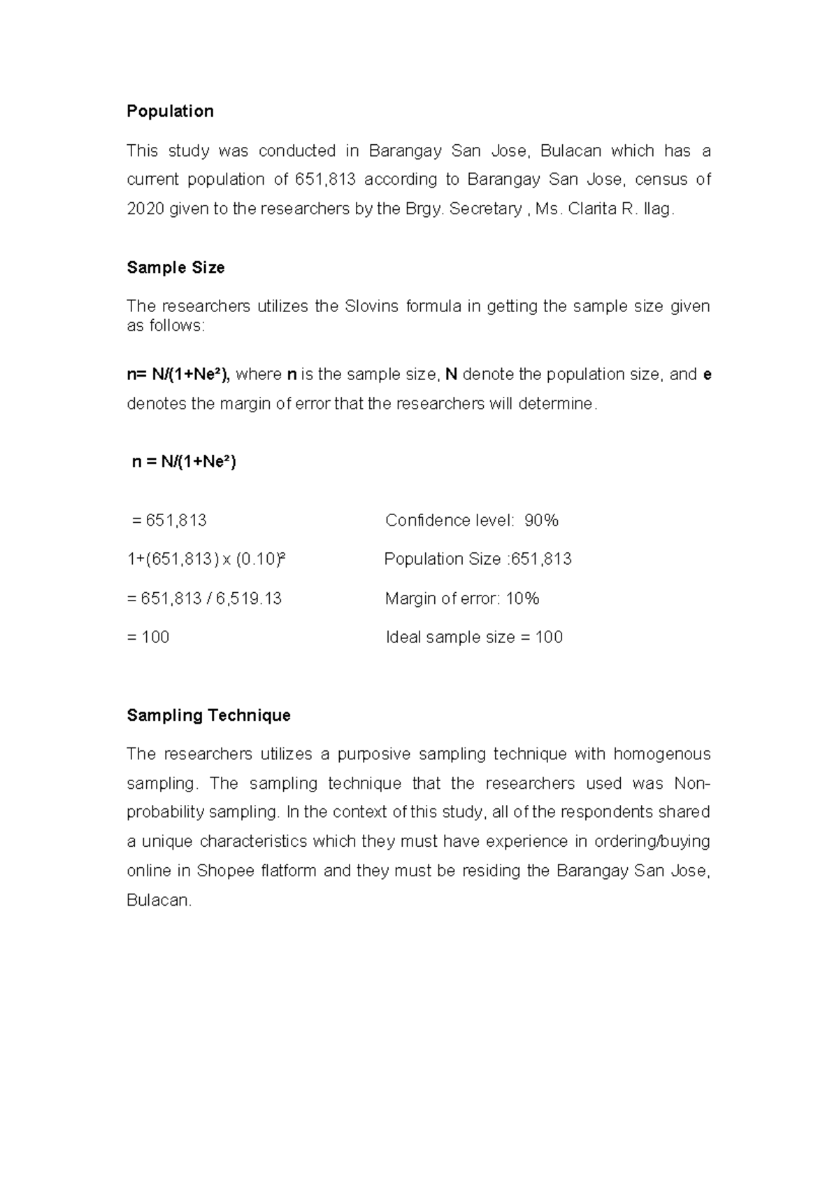 Population Sample Size and Sampling Techniques in Barangay San Jose ...
