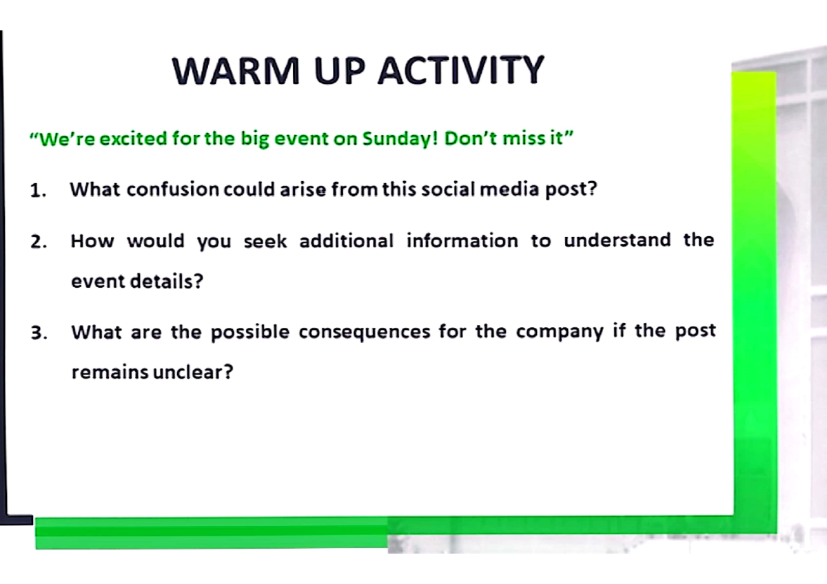 Communication skill - ............. - WARM UP ACTIVITY excited for the ...