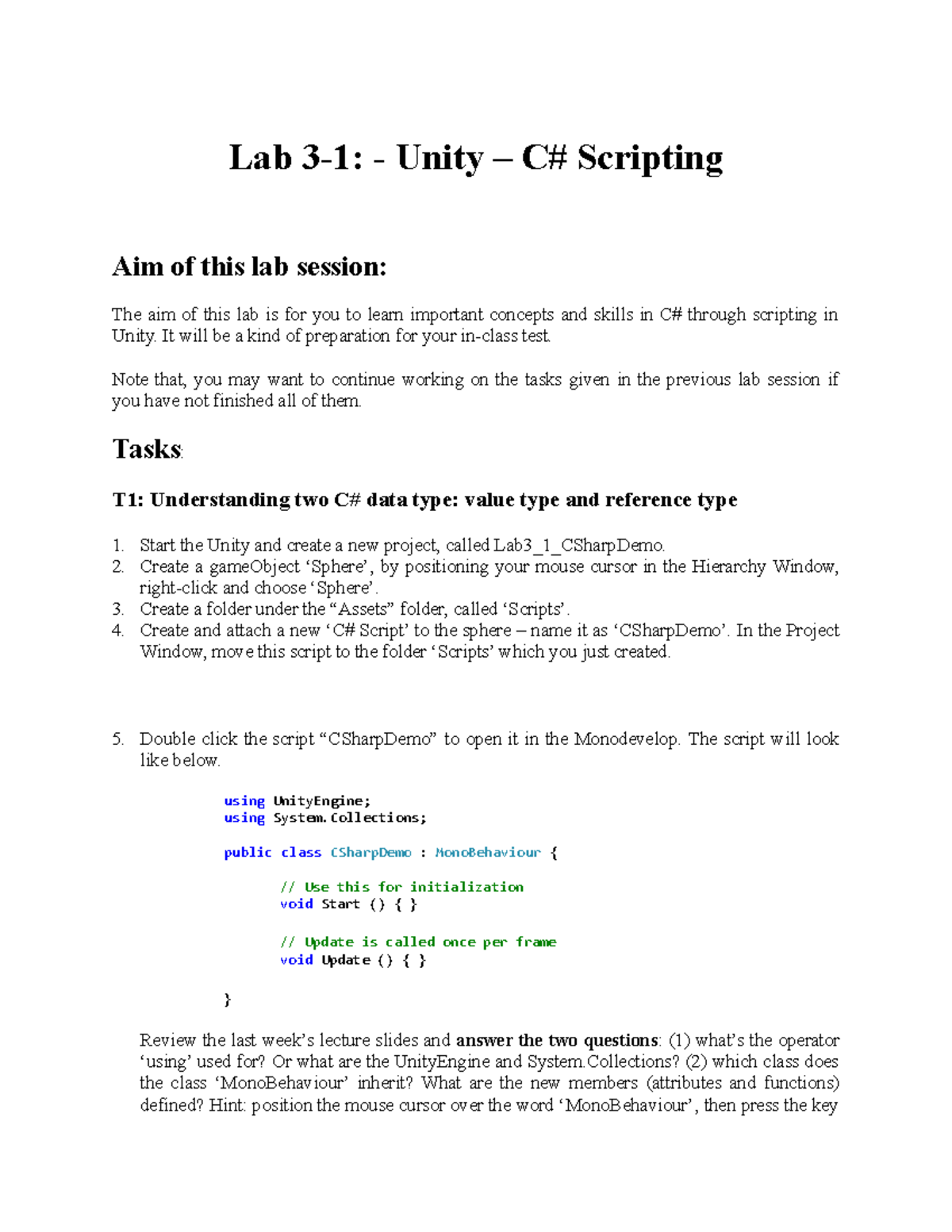 Lab 3-1 - Unity - scripting-C# - Lab 3-1: - Unity – C# Scripting Aim of ...