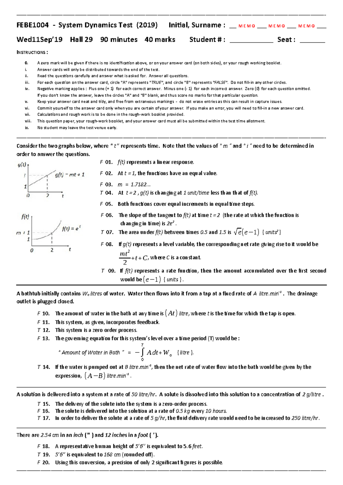 FEBE1004 - System Dynamics Test 2019: Questions & Answers - Studocu