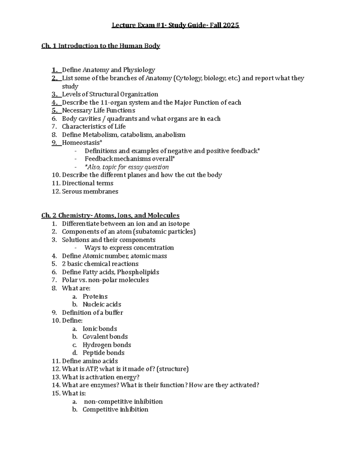 Lecture Exam #1 Study Guide - Anatomy & Physiology - Fall 2025 - Studocu