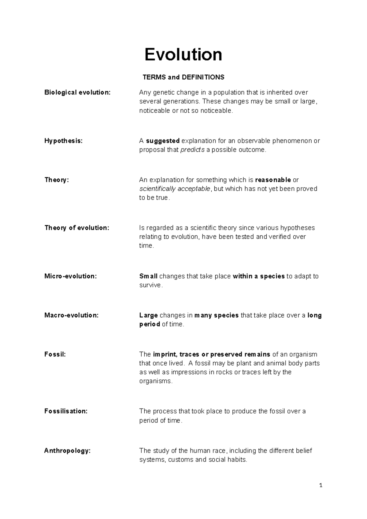 Evolutionary Terminology: Key Concepts and Definitions in Biology - Studocu