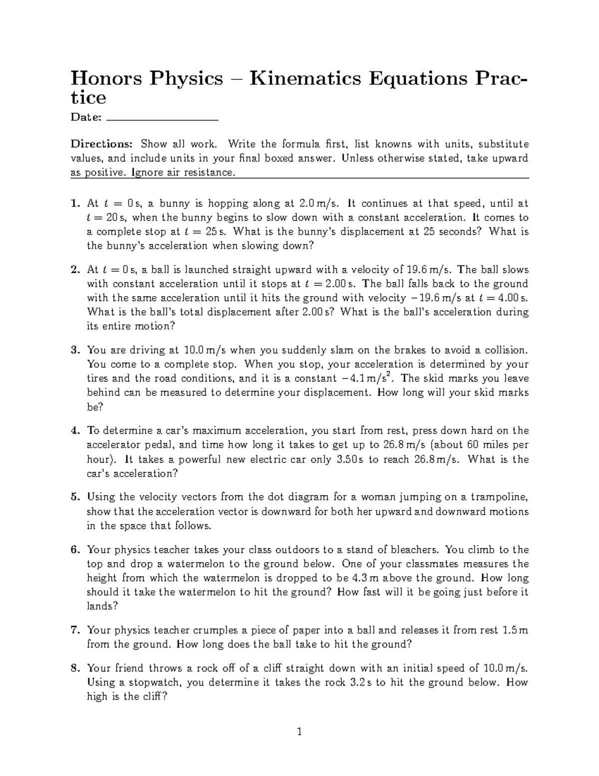 Honors Physics Kinematics Equations Practice Problems - Studocu