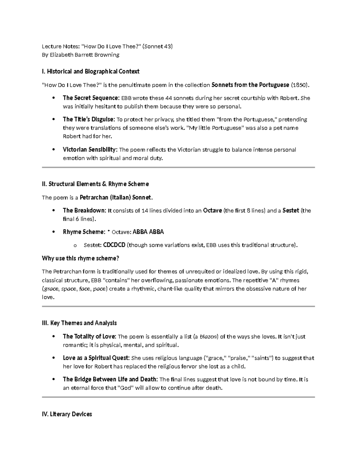 Lecture Notes: Do I Love Thee (Sonnet 43) - EBB Analysis - Studocu